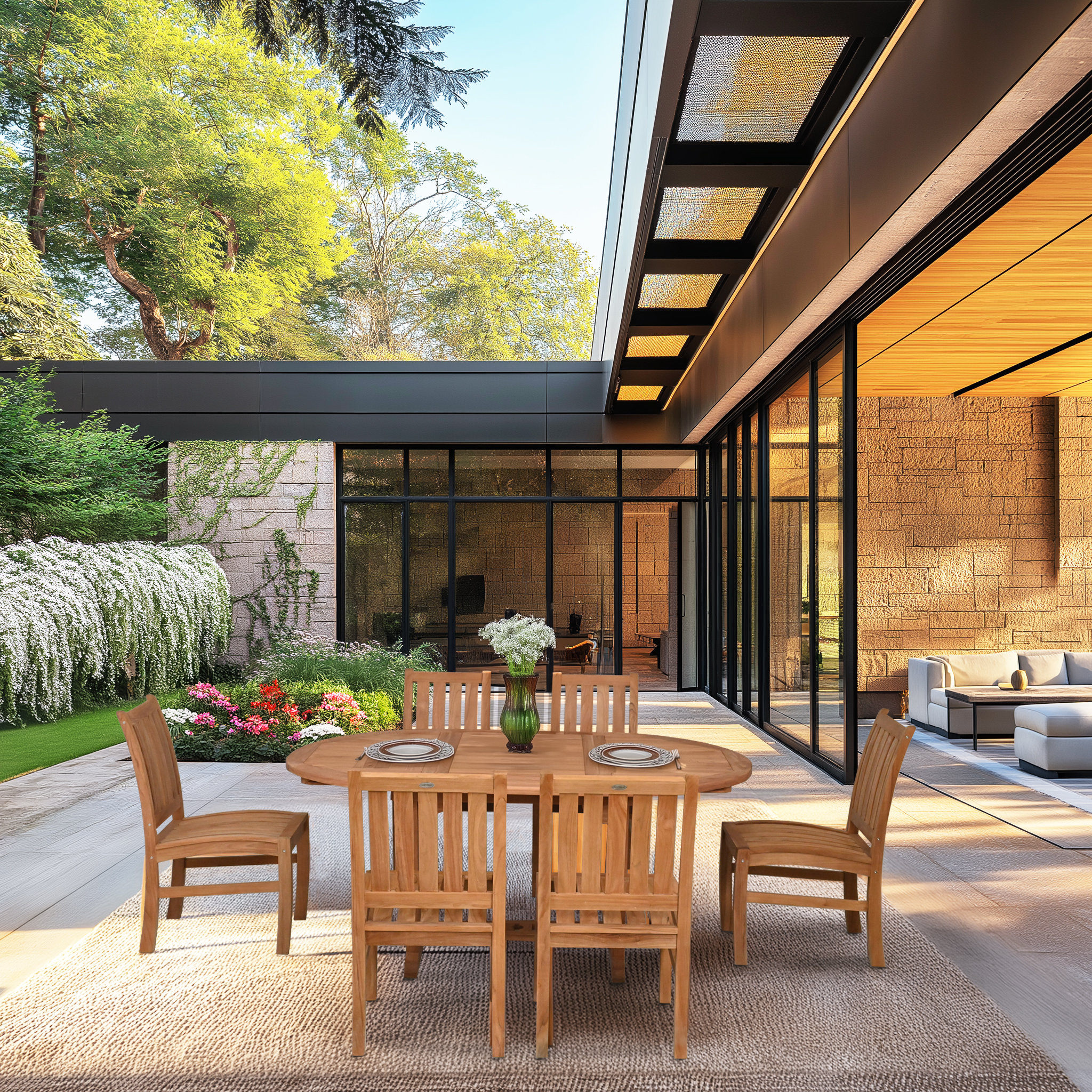 Chic Teak 7 Piece Teak Wood Dining Set Including Round To Oval ...