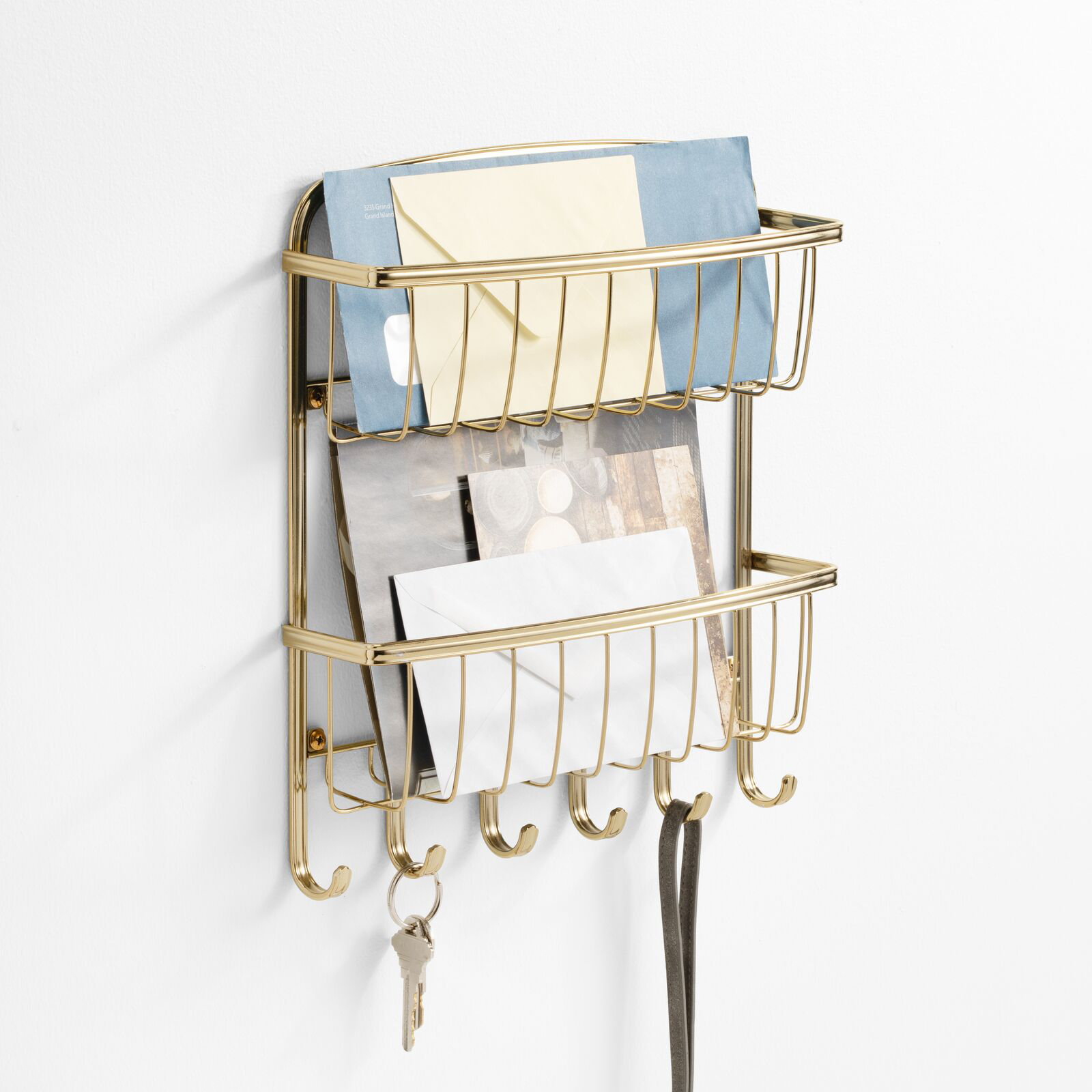 mDesign Wall Mount 2-Tier Metal Mail Organizer Basket, 6 Hooks | Wayfair