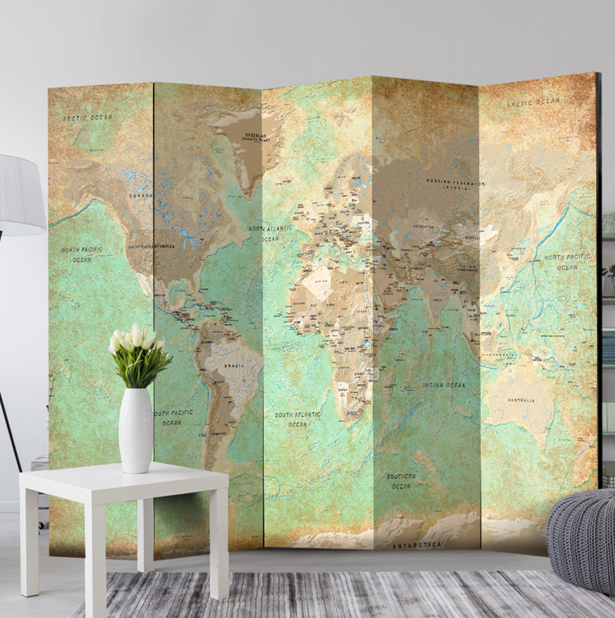 East Urban Home World Map 89'' W x 68'' H 5 - Panel Solid Wood Folding ...