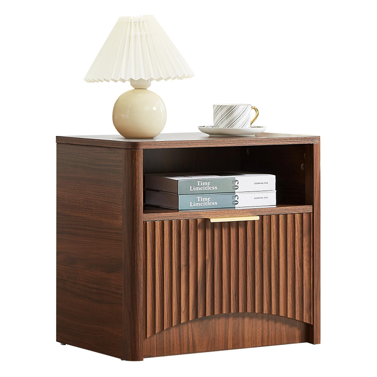 Ebern Designs Walnut Fluted Nightstand With Drawer, Curved Bedside ...