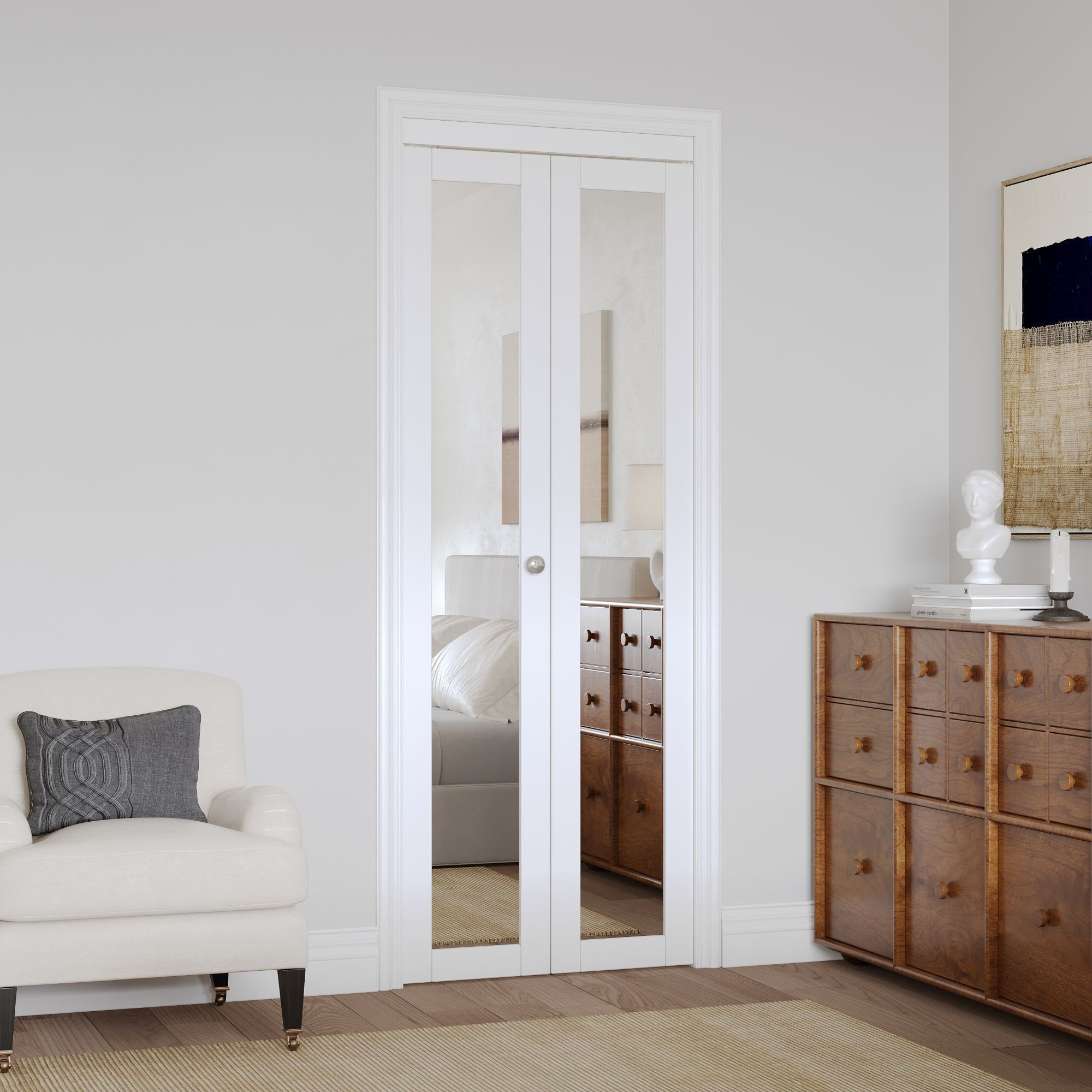 HOZONE Mirrored Door Solid Manufactured Wood Bi-Fold Door with ...