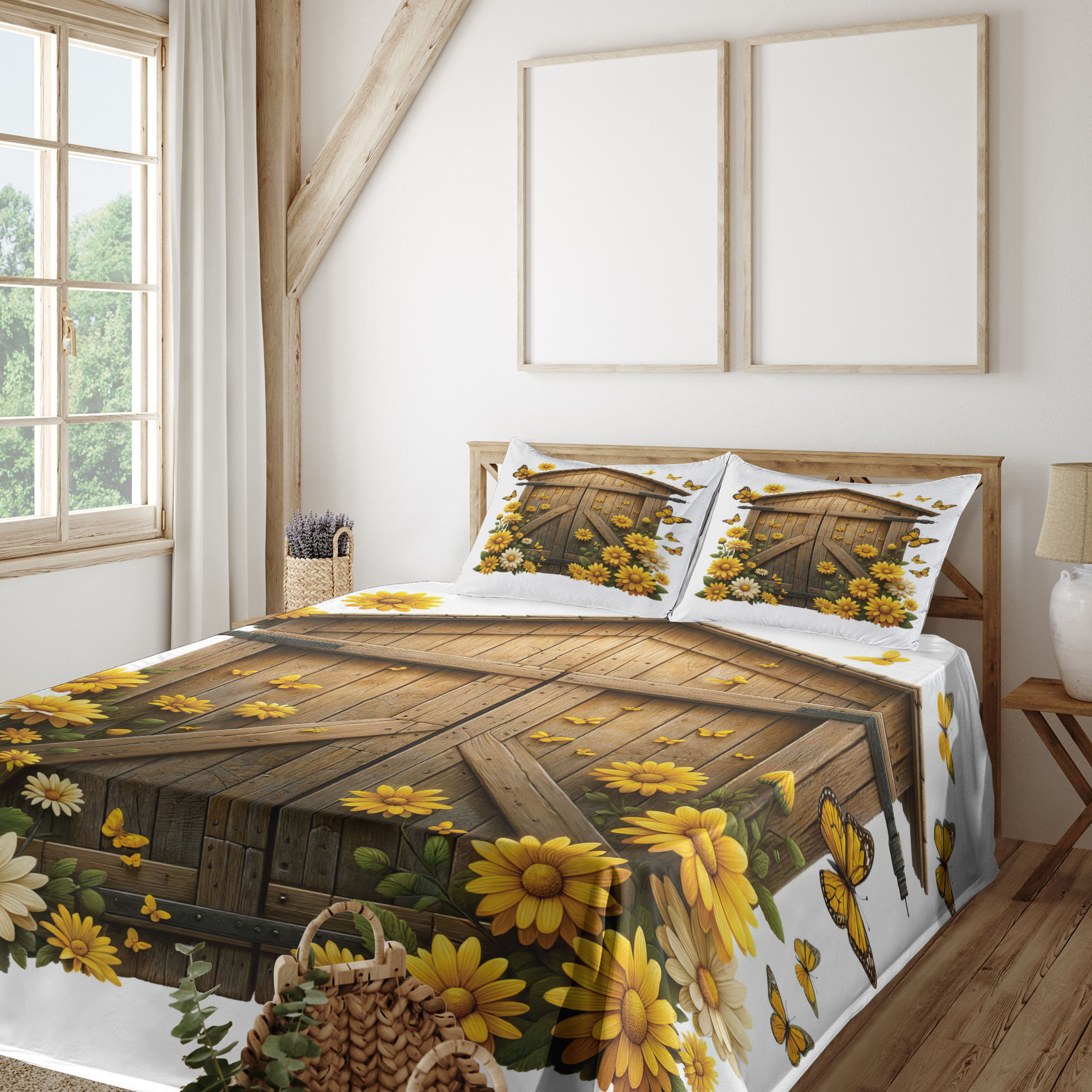 Ambesonne Rustic Sheet Set Barn Cottage Summer Flowers Earth Yellow and ...