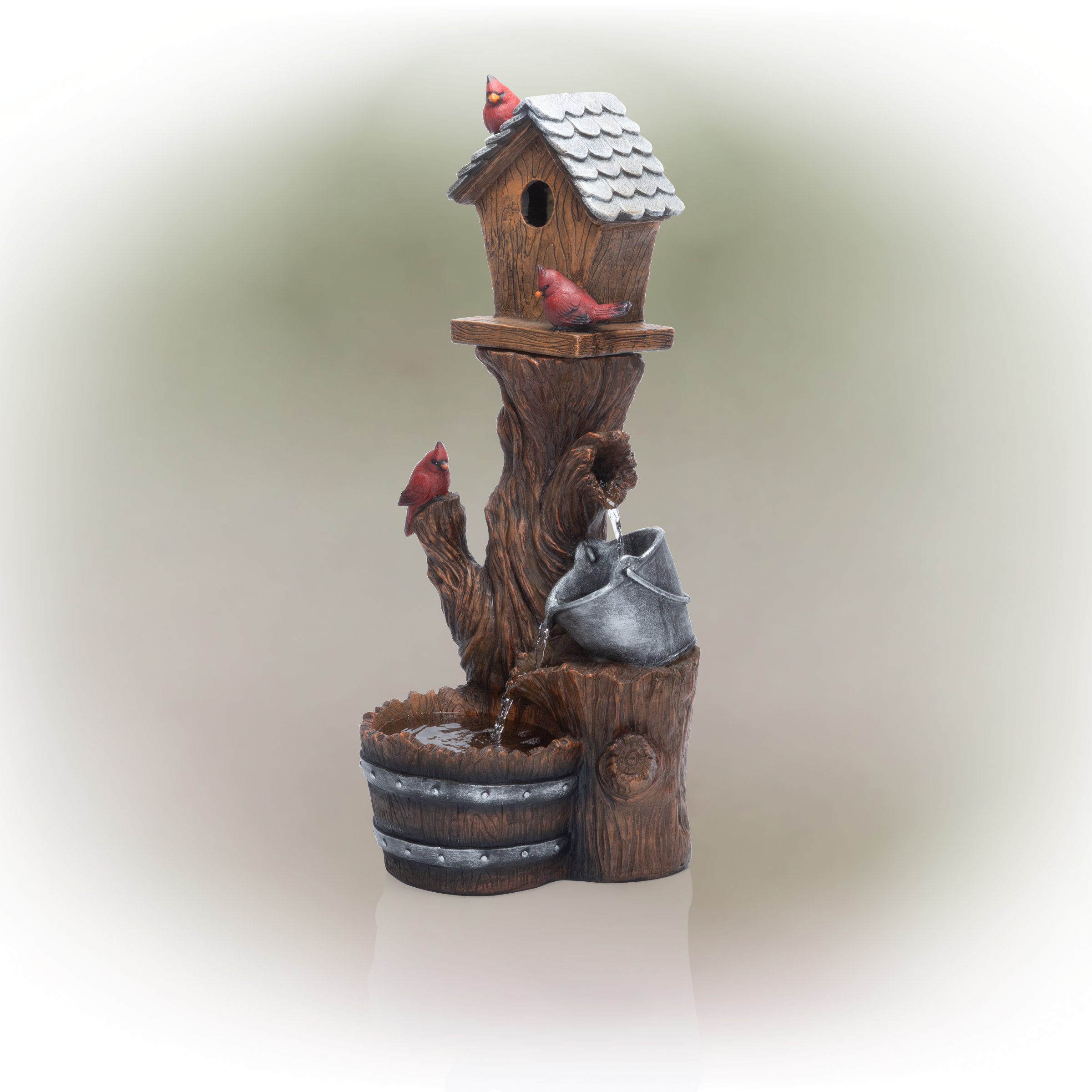 August Grove® Ea Resin Cardinal Birdhouse Cascading Barrel Fountain ...