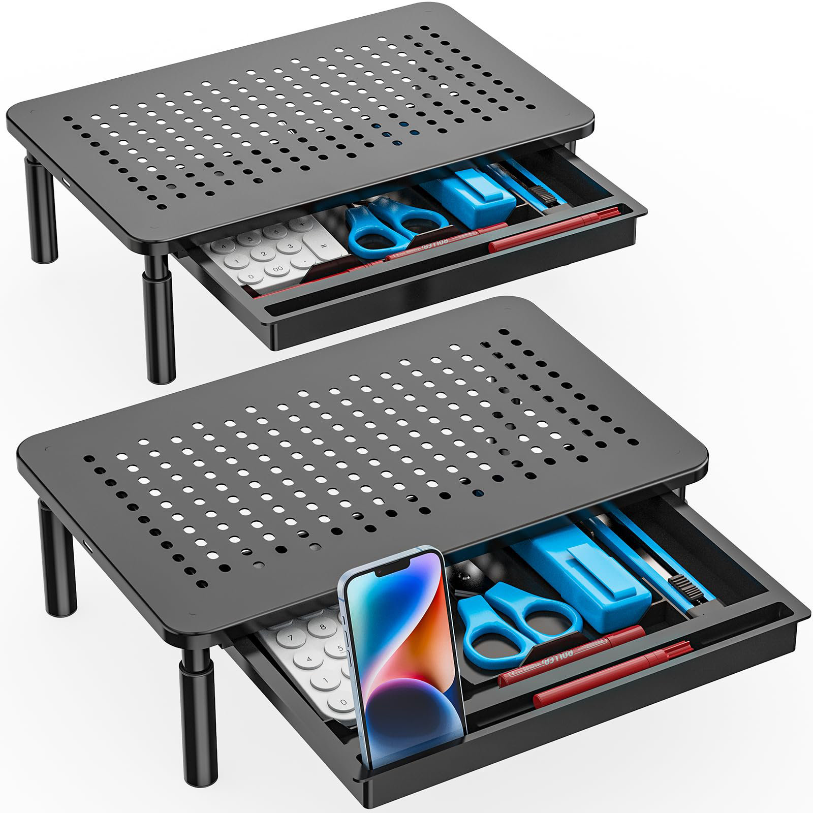 LEERWEI Dual Monitor Stand With Storage, Desk Monitor Riser 3 Height ...