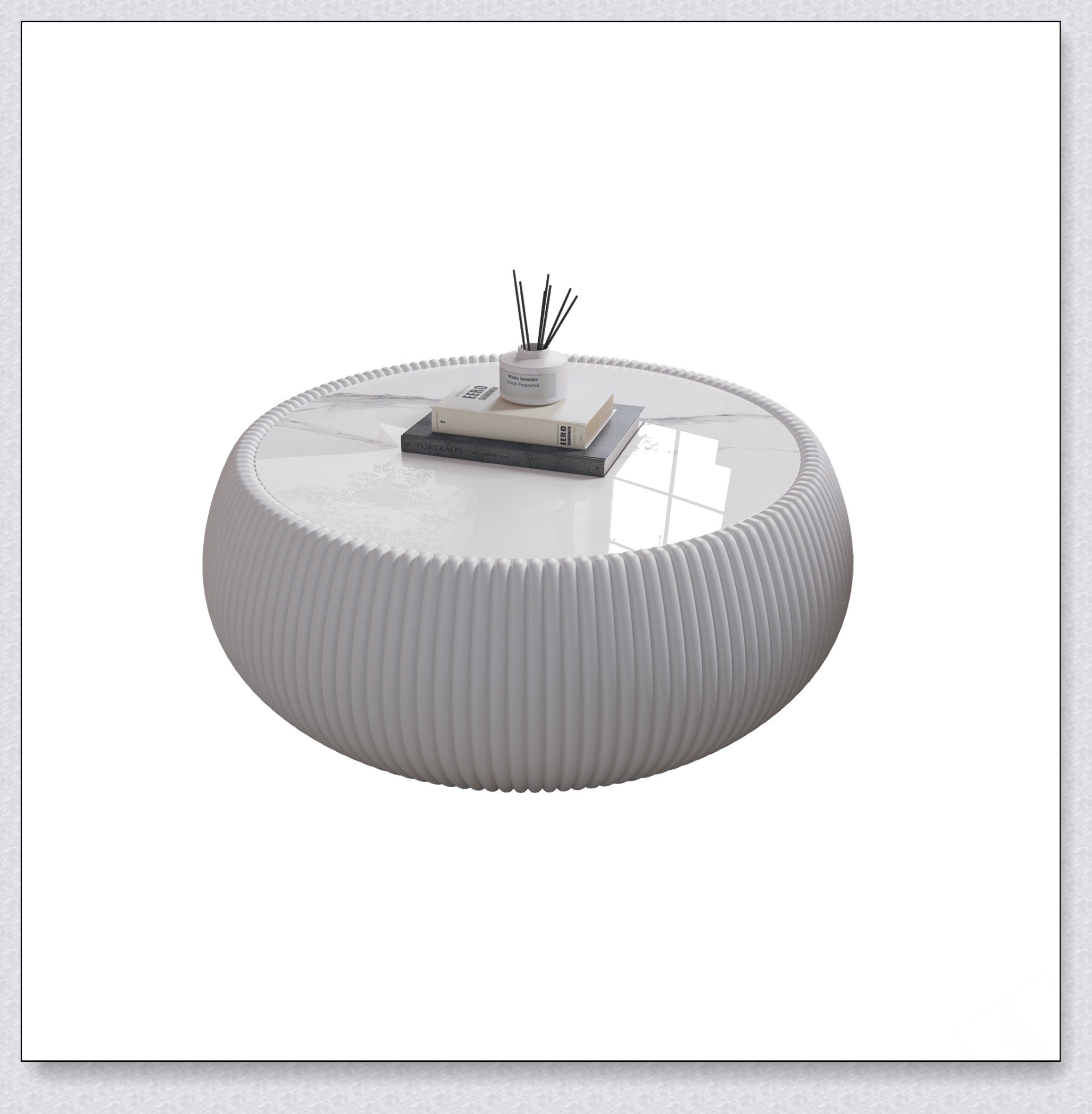 Mercer41 Luxurious Light Marble Top Drum Shape Leather Coffee Table For ...