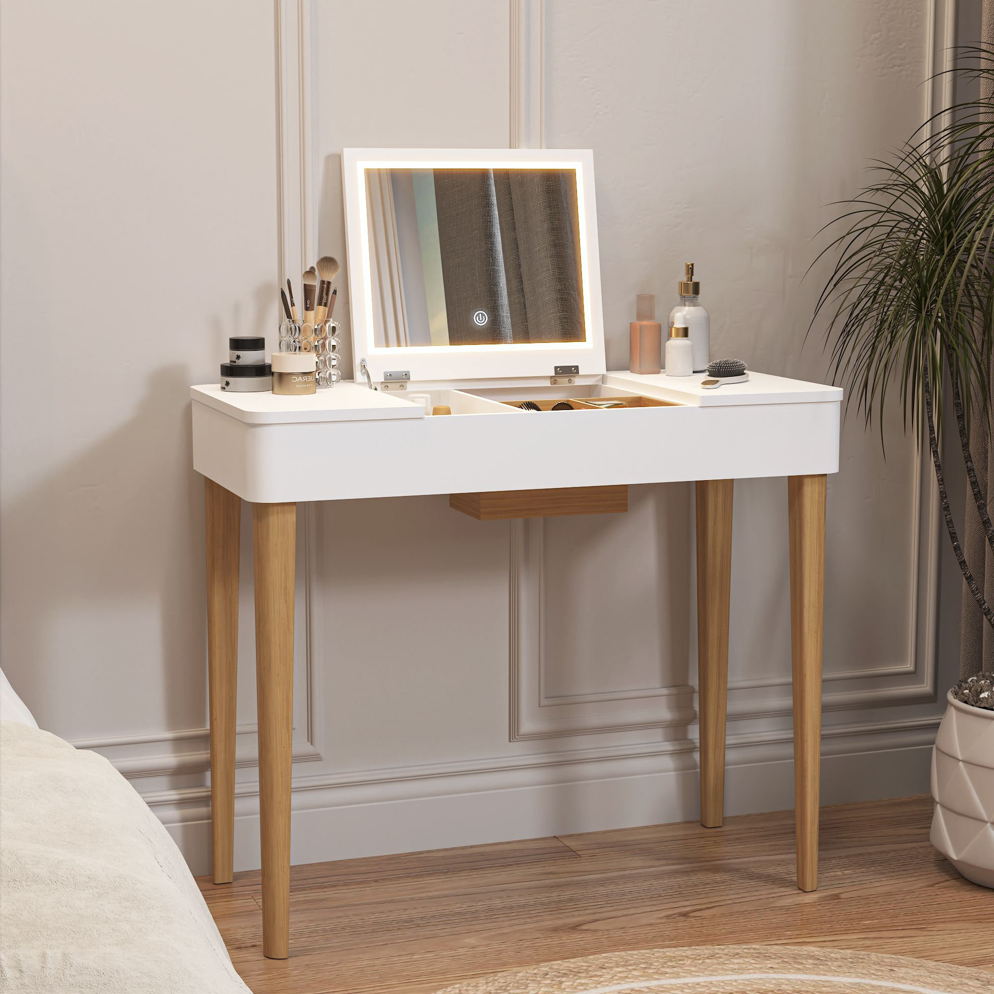 Ebern Designs Minimalism Makeup Vanity With Light And Flip-Up Mirror ...