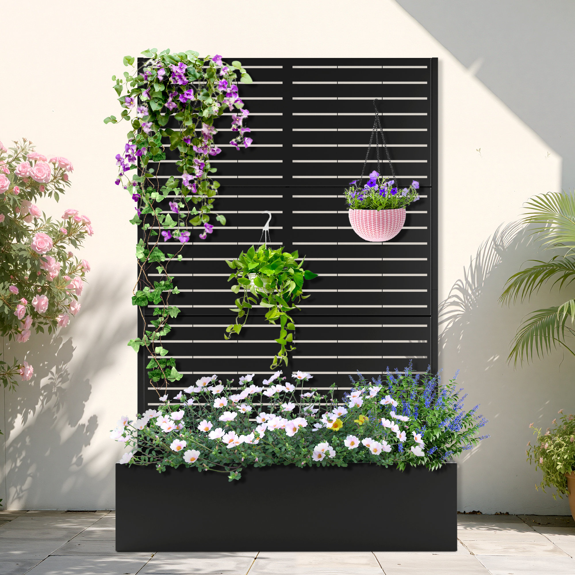 Ebern Designs Metal Planter Box with Trellis, Freestanding Raised ...