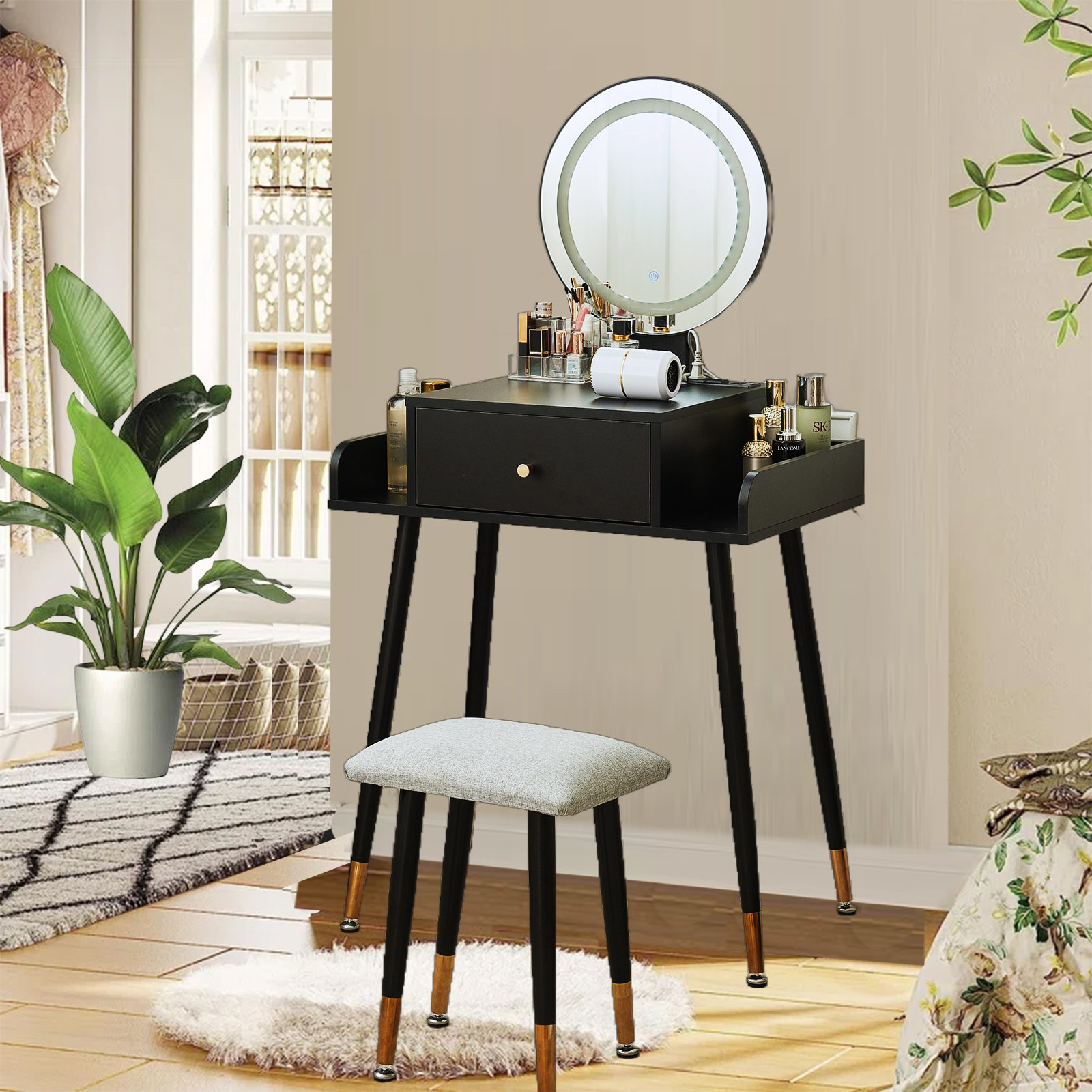 Mercer41 Makeup Vanity Table Set With Adjustable Brightness Mirror and ...