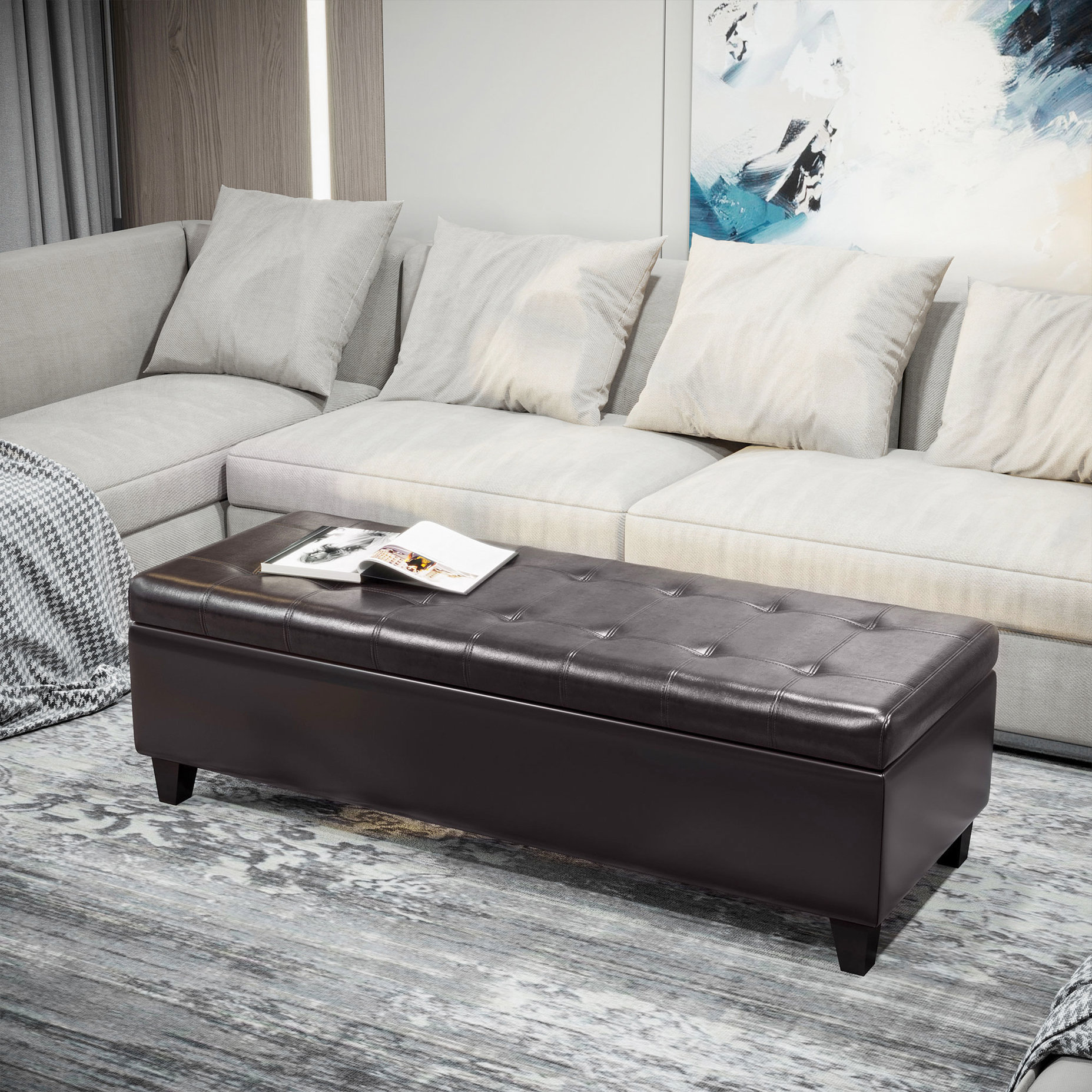 Latitude Run® Dark Brown Storage Bench, 51" Lift Top Faux Leather Chest ...