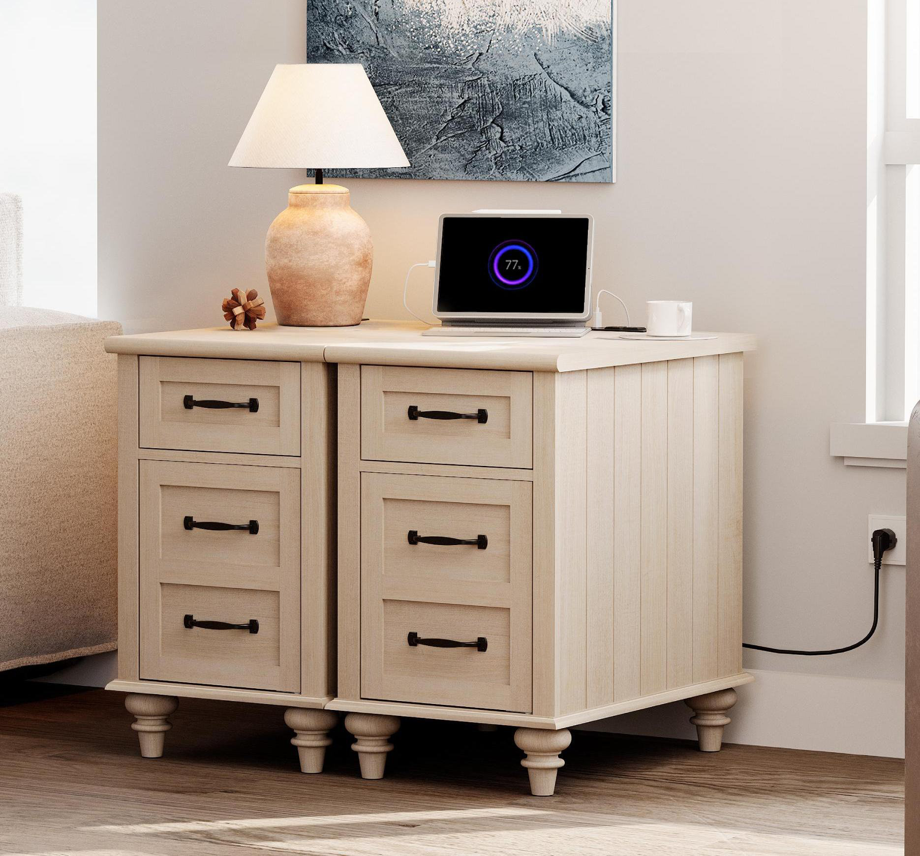 August Grove® Nightstand With Charging Station, Side Table With One Drawer & One Cabinet, Beige ...