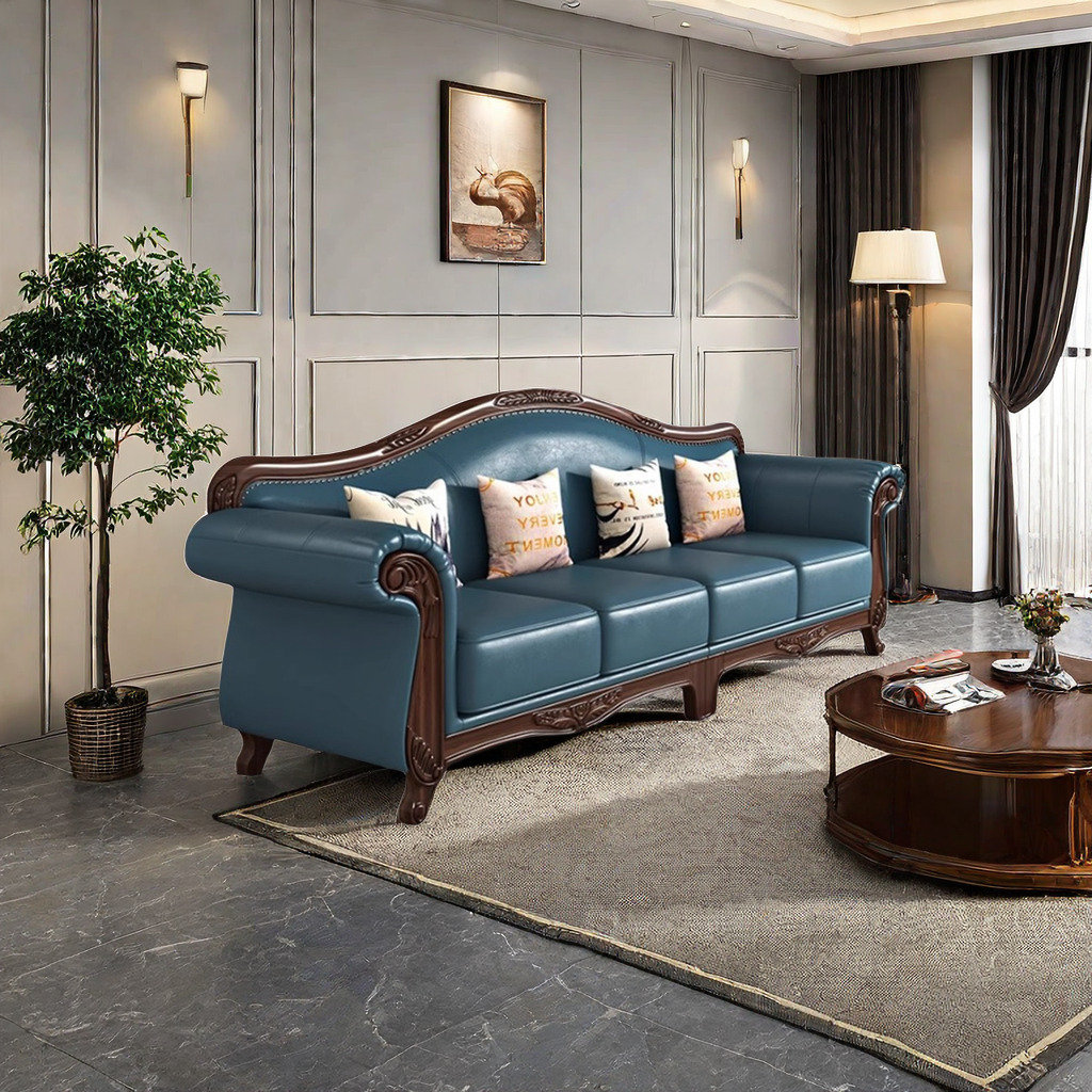 Romero American Country Retro Wood Leather Sofa 96.4'' Genuine Leather ...