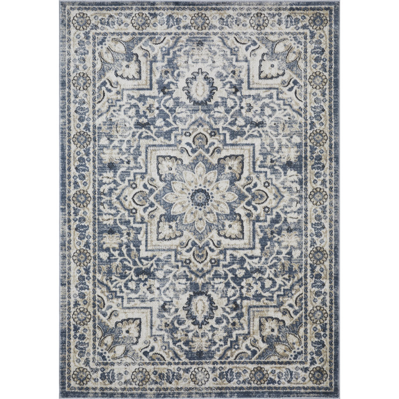 Charlton Home® Aldophe Machine Woven Performance Blue/Cream Rug ...
