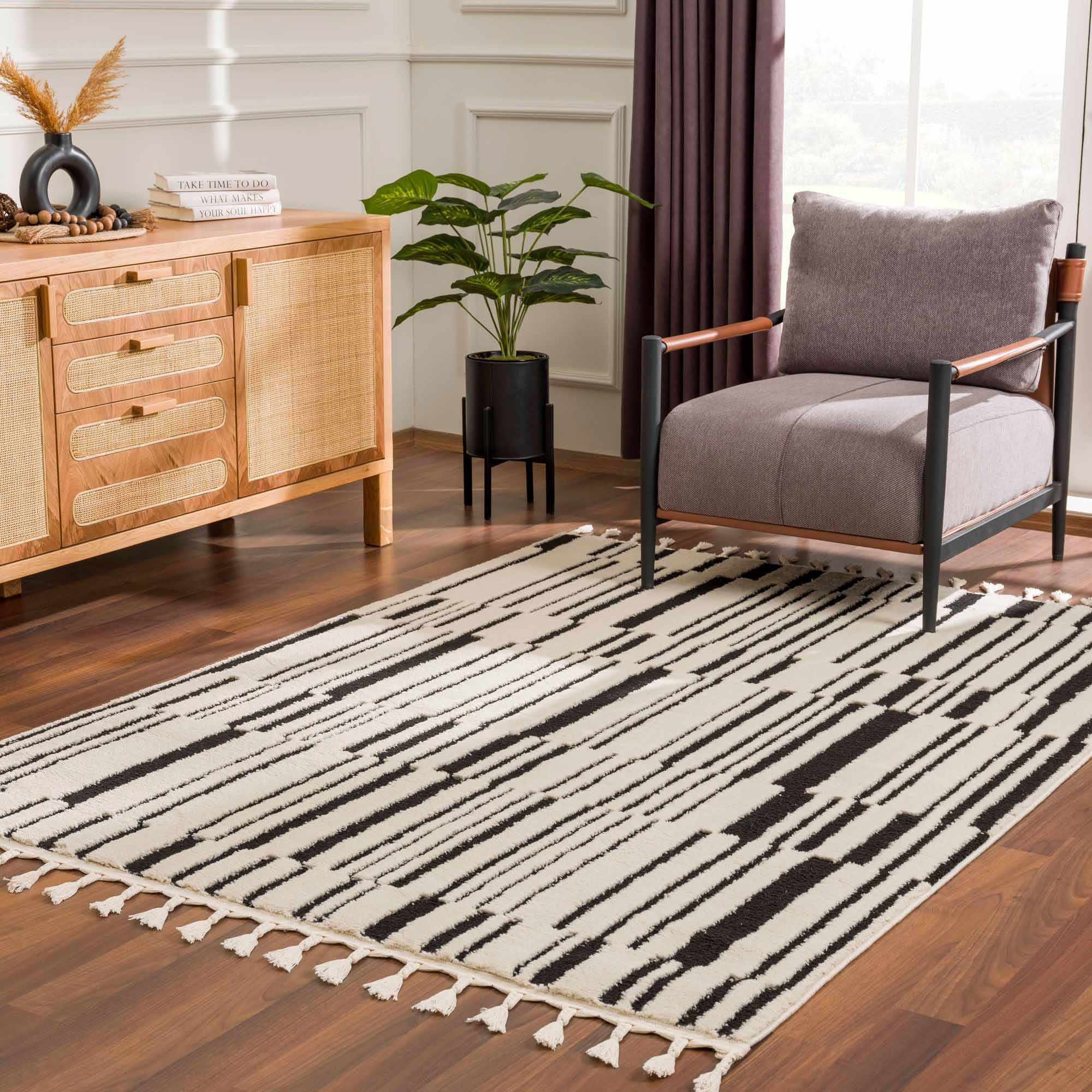 Union Rustic Jdan Striped Machine Woven Polypropylene Area Rug in Black ...