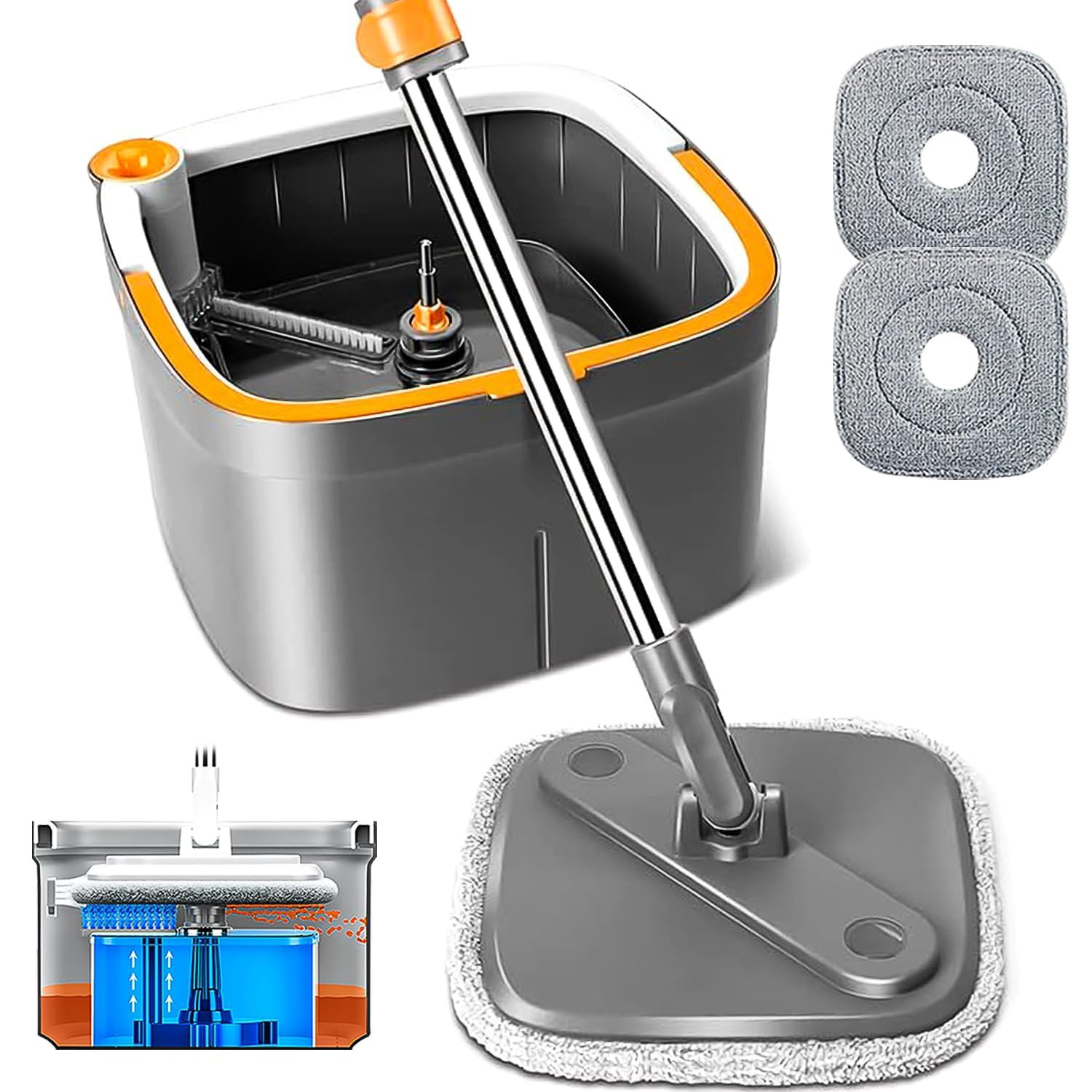FEIYAN Spin Mop And Bucket Set With 2 Replaceable Microfiber Mop Pads ...