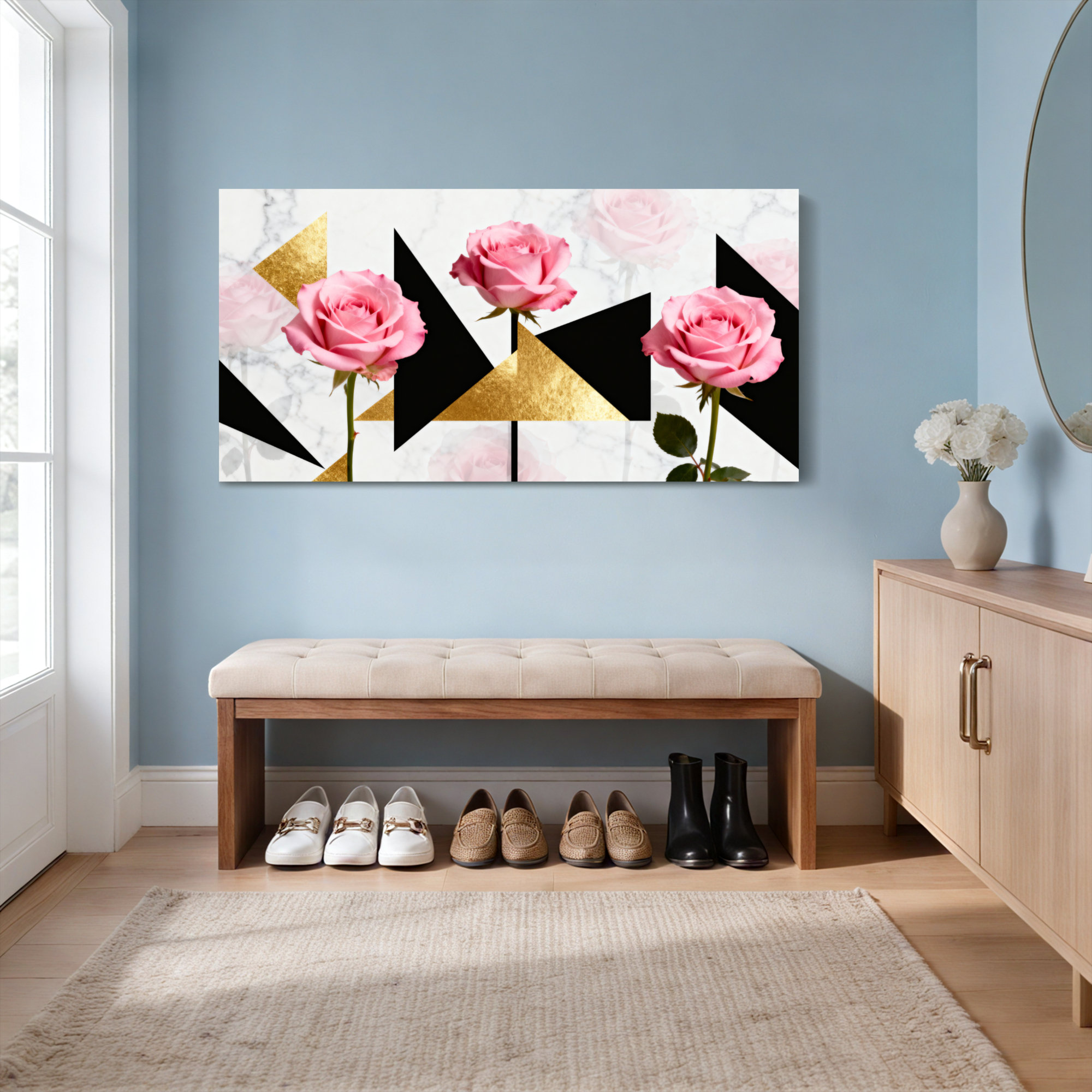 Red Barrel Studio® Pink Roses And Geometric Shapes Canvas Wrapped Wall ...