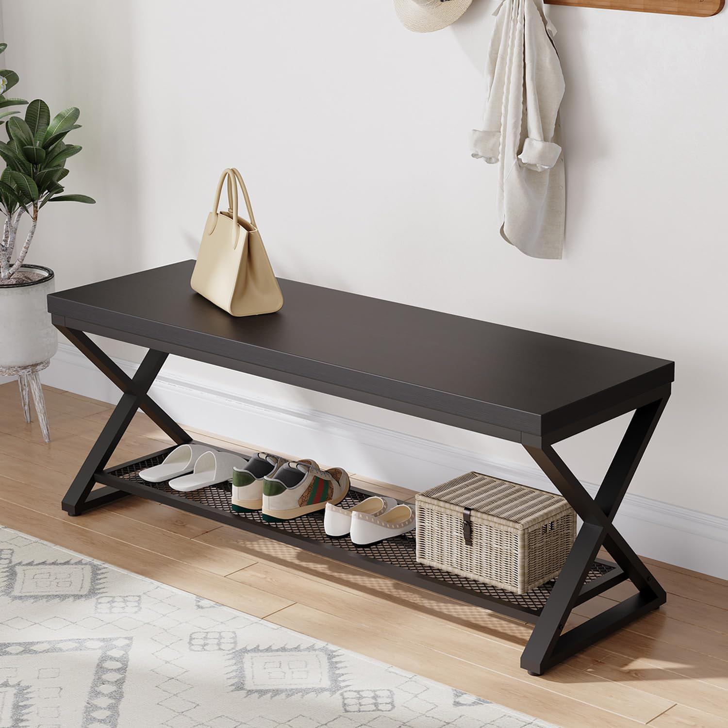 Gracie Oaks Industrial Storage Bench With Shoe Rack, Modern Wood And ...
