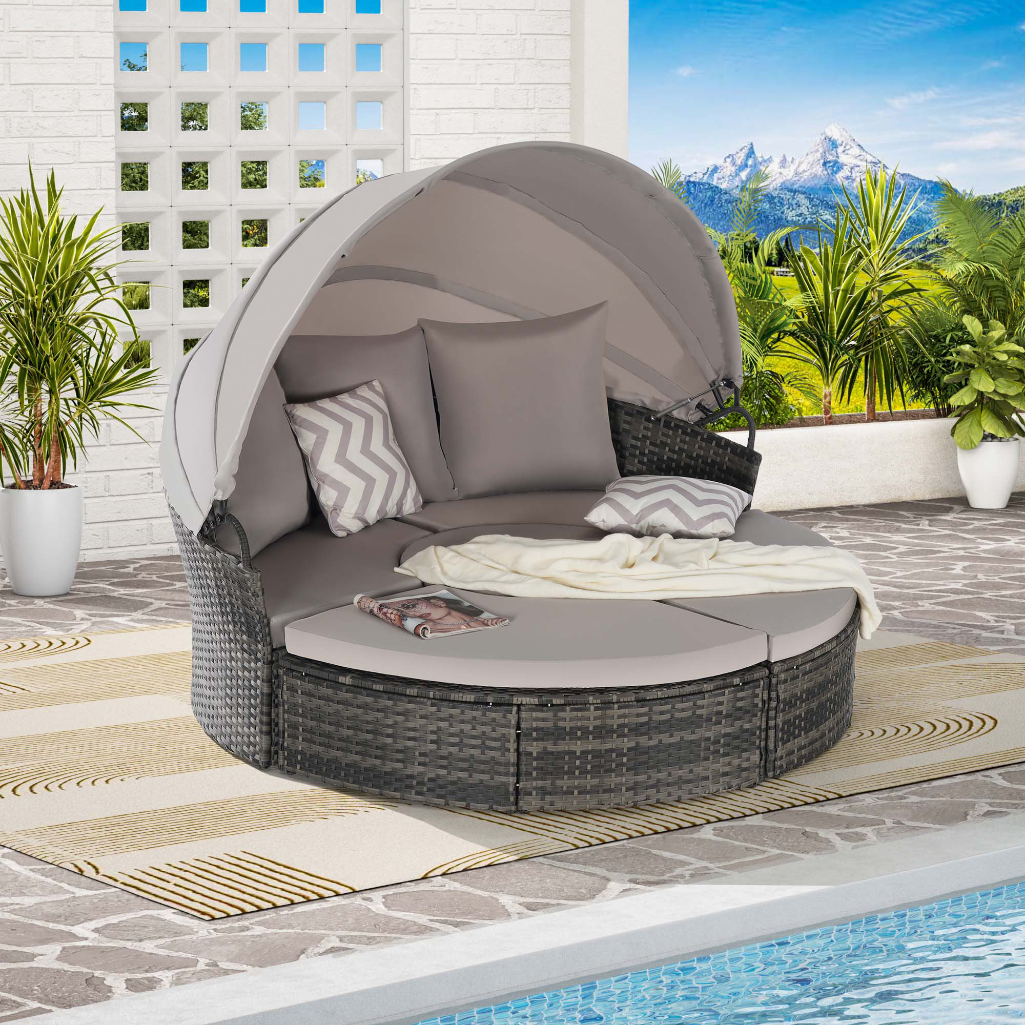 GRILLO HOME 5 Pieces Outdoor Patio Round Daybed Furniture With ...