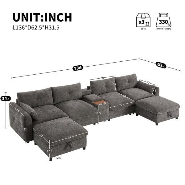 Latitude Run® 136'' Modular U-Shaped Sectional Sofa with Console, Cup ...