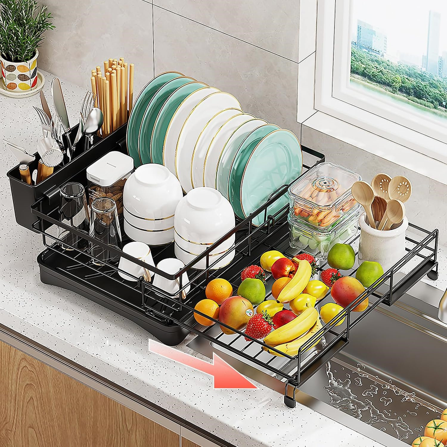 PAVORA Large Dish Drying Rack - Kitchen Countertop Extendable Dish ...