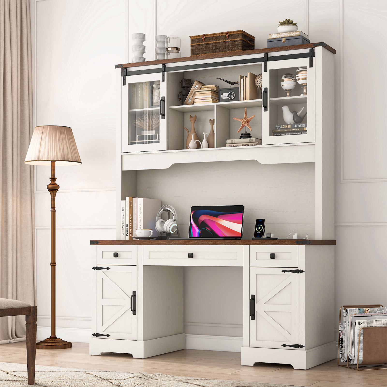 August Grove 76" Height Computer Desk Bar Cabinet with Hutch Sliding ...