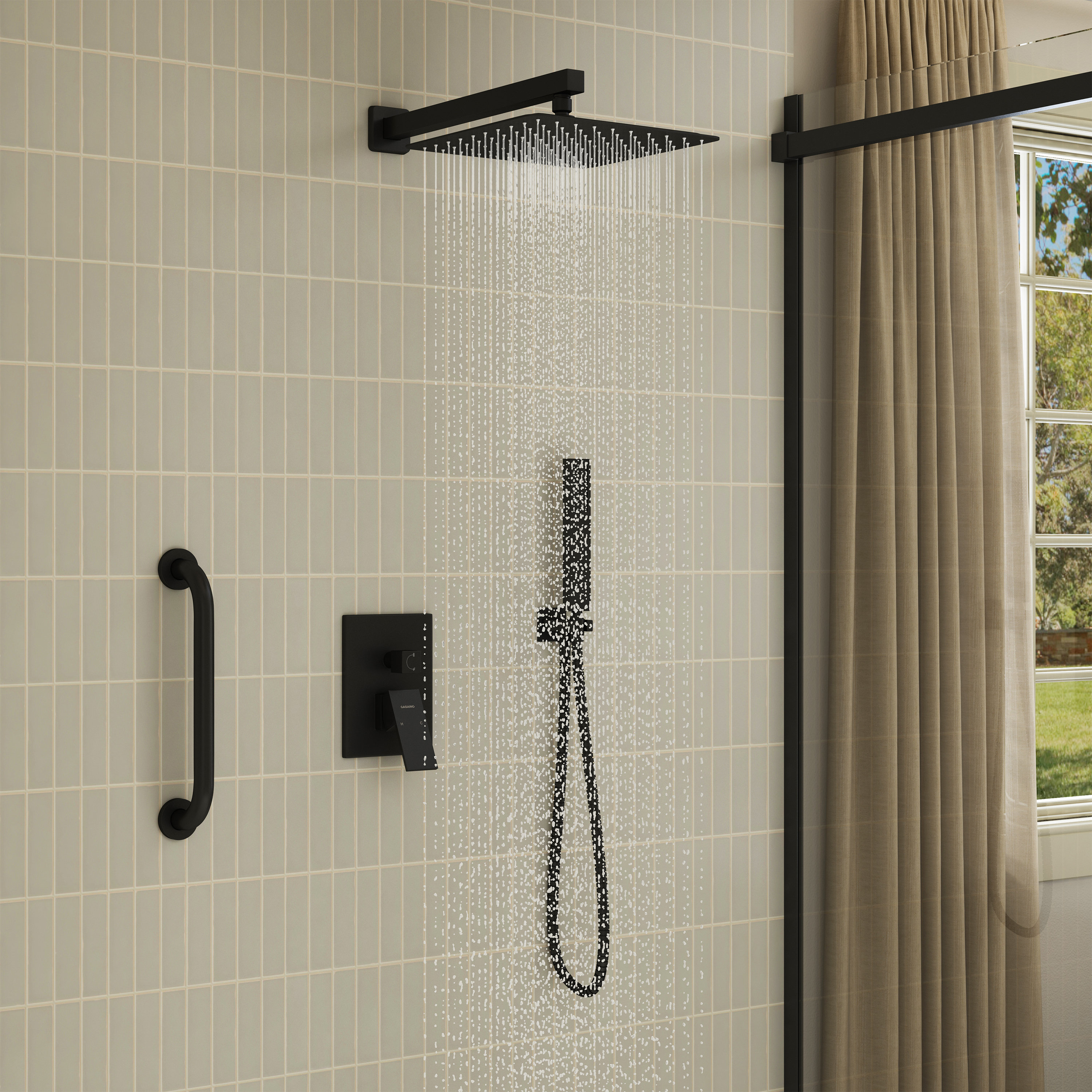 CASAINC 2-In-1 Matte Black Square Shower System With Grab Bar 10 Inch ...