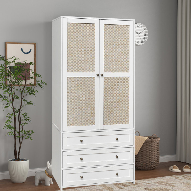 Bay Isle Home™ 2-Door High Wardrobe Armoire with 3 Drawers and Rattan ...