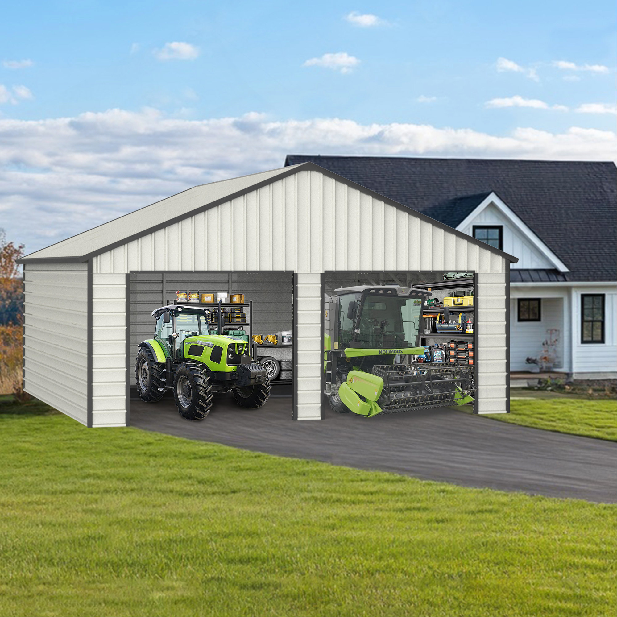 Wentygam 23FT X 22FT Double Garage Metal Shed With Side Entry Door ...