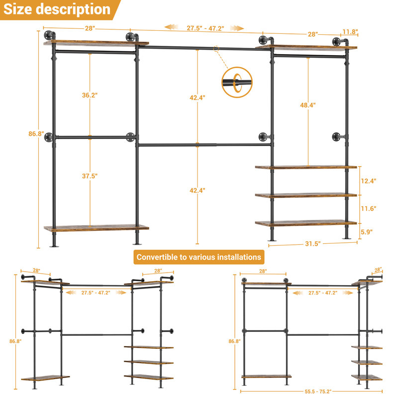 Williston Forge 55.5"-103.2"L Shaped/C Shaped Metal Pipe Clothing Rack ...