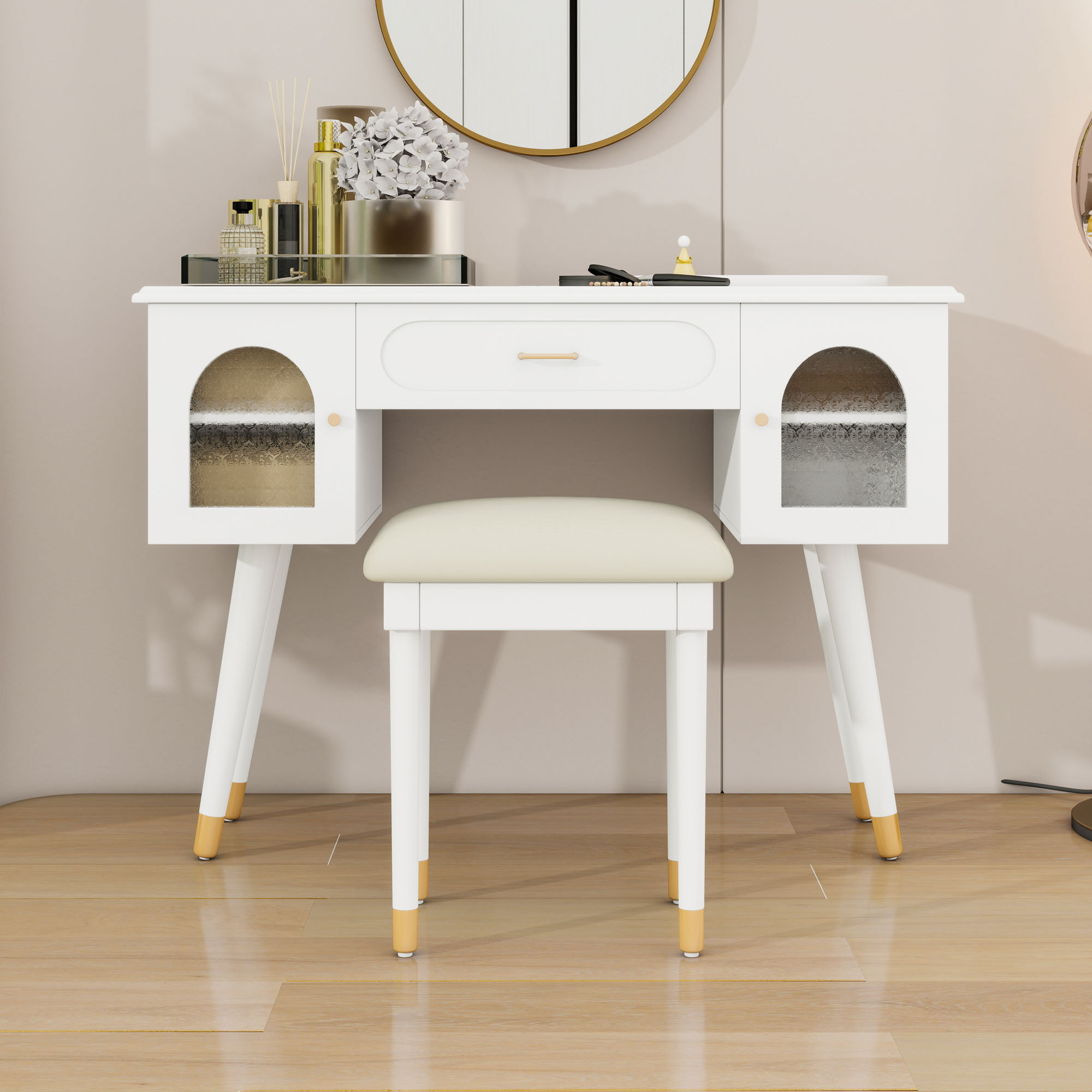 Mercer41 Vanity Makeup Desk with Storage Drawer, Cabinet, Stool and ...