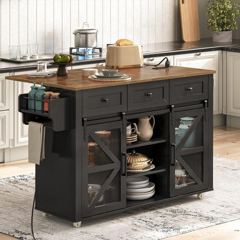 Gracie Oaks Kitchen Island with Storage, Kitchen Cart with Charging ...