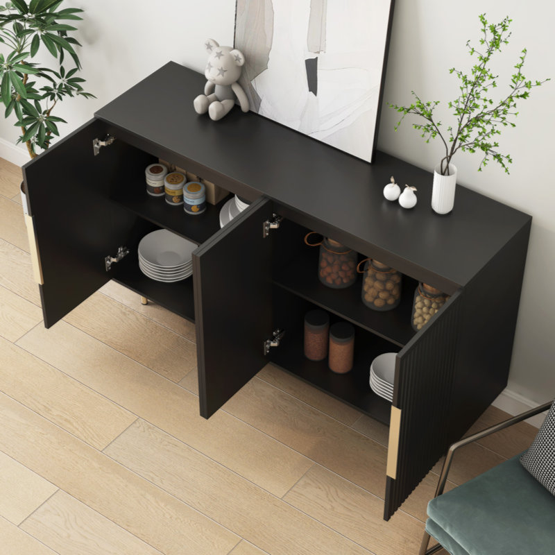 Mercer41 Fredell Black Modern Buffet Cabinet with Storage, Fluted ...