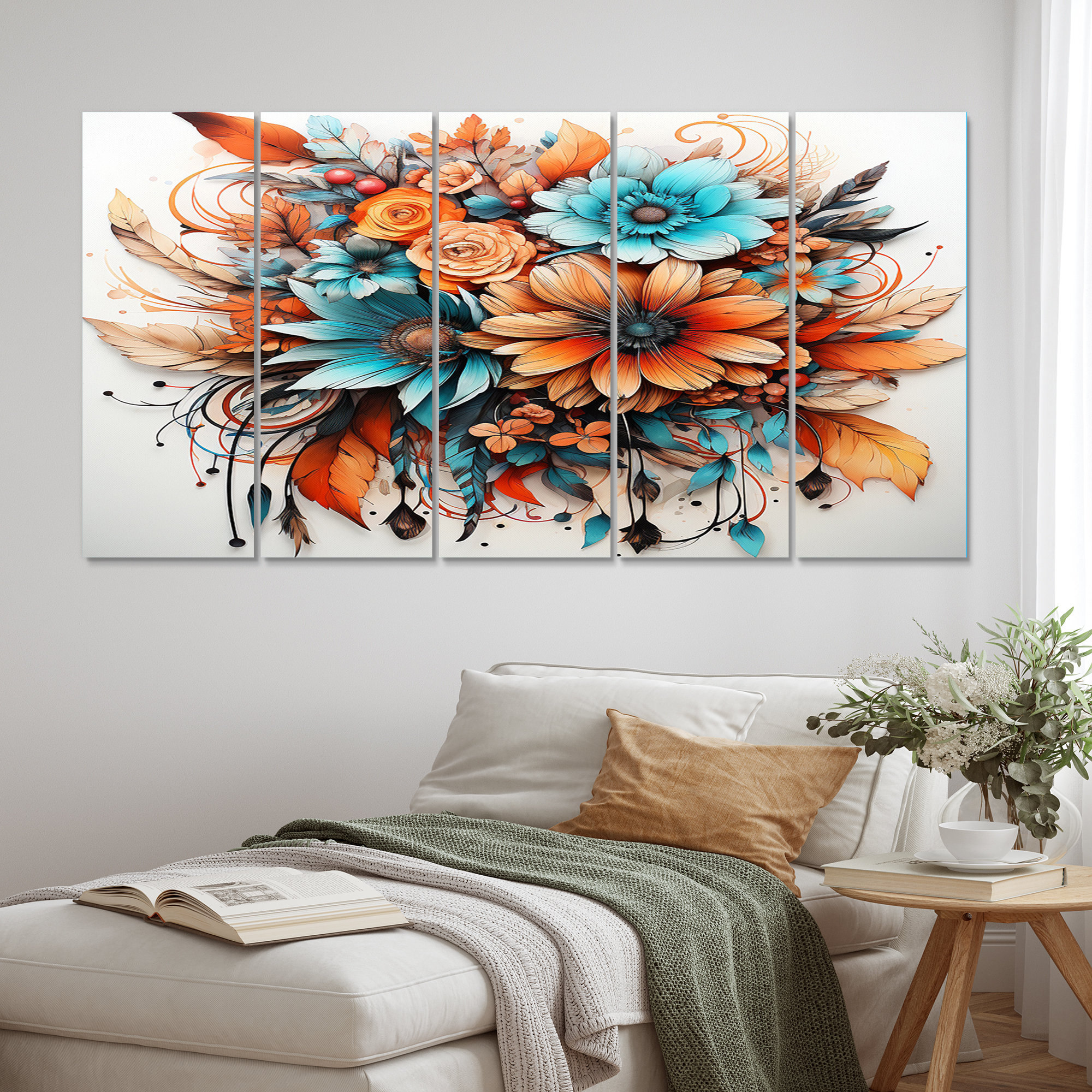 Wildon Home® Boho Flowers Bouquet In Blue And Amber Orange - Abstract Botanicals Canvas Art ...