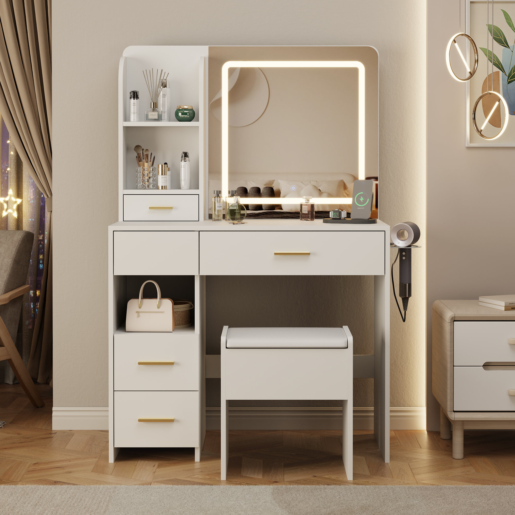 Ivy Bronx 35" Makeup Vanity with HD Mirror and 5 Drawers & Reviews ...