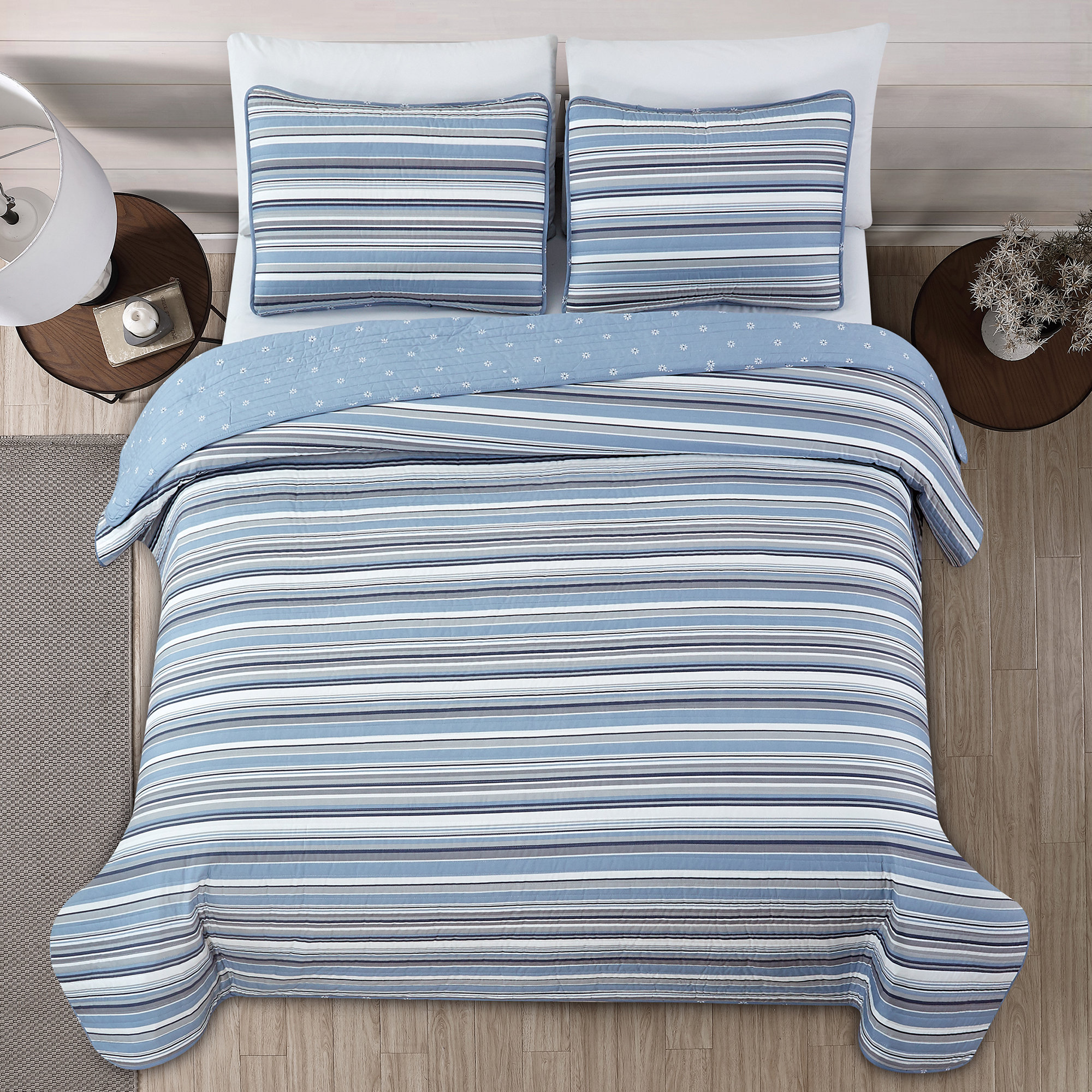 Market & Place Elise Blue/Grey Microfiber Reversible Quilt Set ...