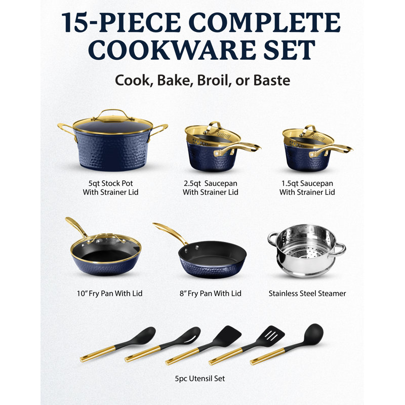 Granitestone Charleston Collection Hammered Navy 15 Piece Nonstick ...