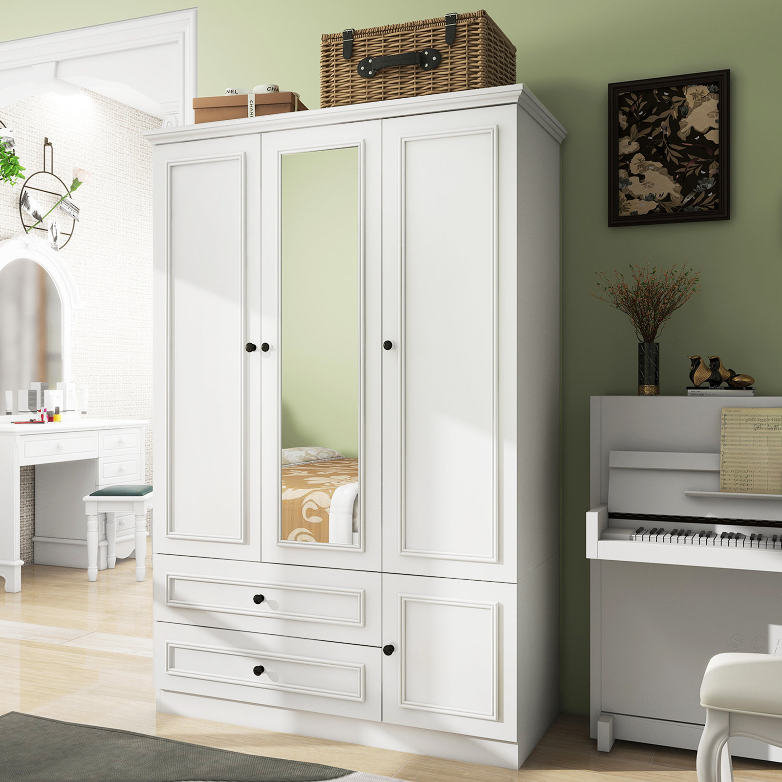 Lark Manor 3-Door Solid Manufactured Wood Armoire with Mirroir, White ...