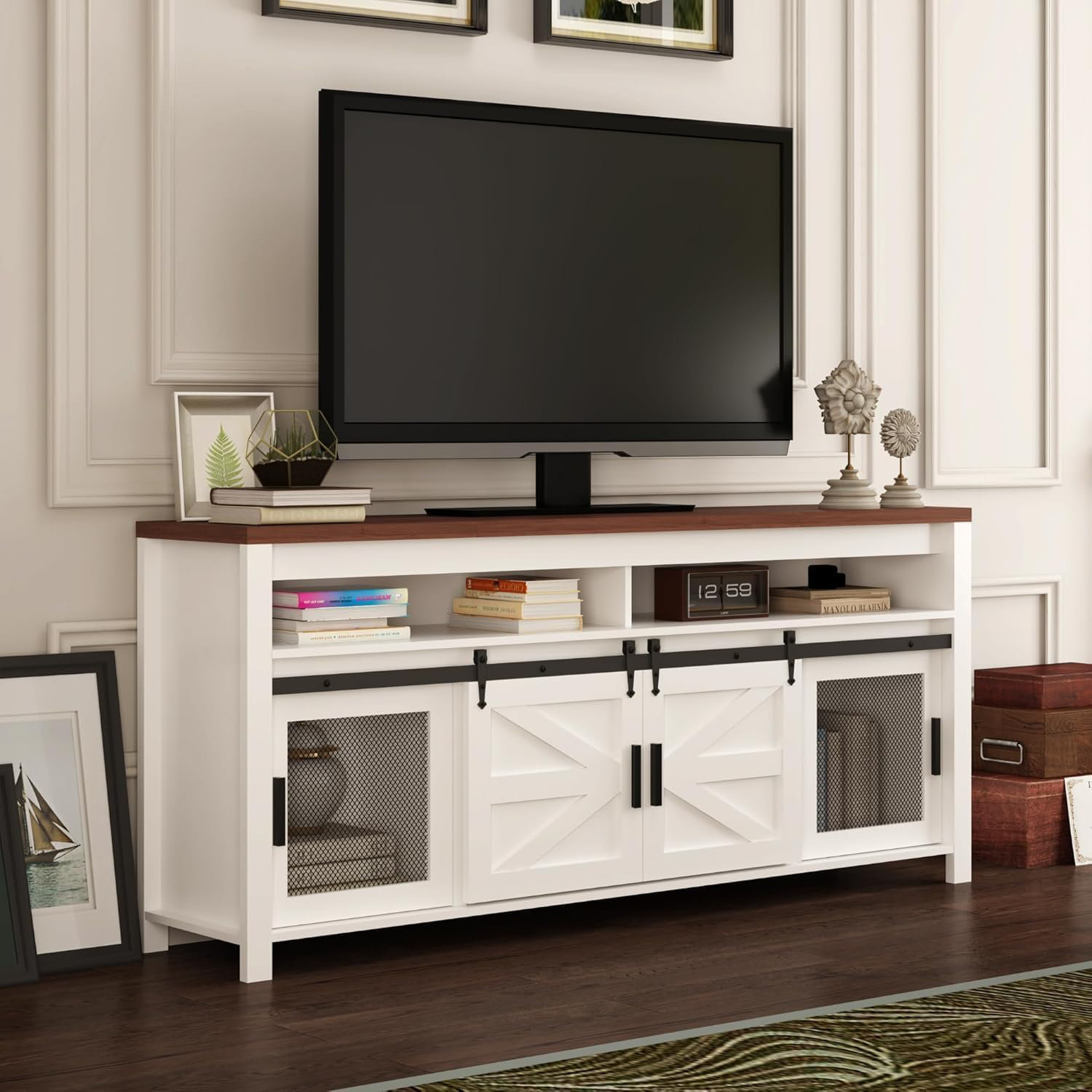 Gracie Oaks Farmhouse Industrial TV Stand for 55/60Inch TV - Sliding Barn Door, Wood Rustic ...