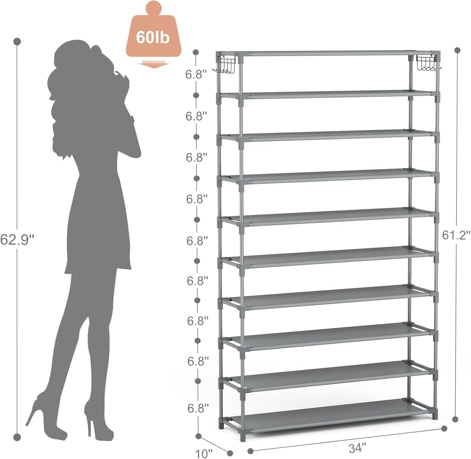 Rebrilliant 10 Tiers Shoe Rack 50 Pairs Large Capacity Tall Shoe ...