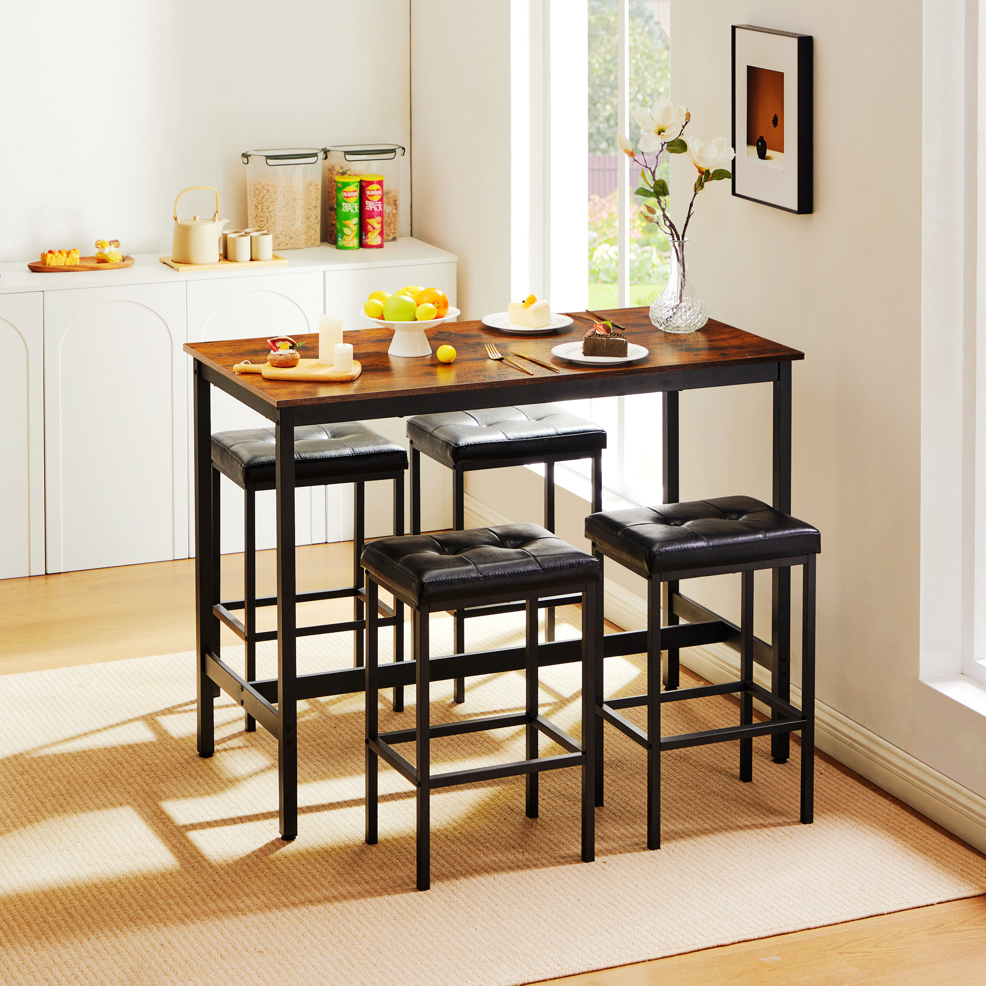 17 Stories Solid Pub High Dining Table Set 4 PU Leather Bar Chairs for ...