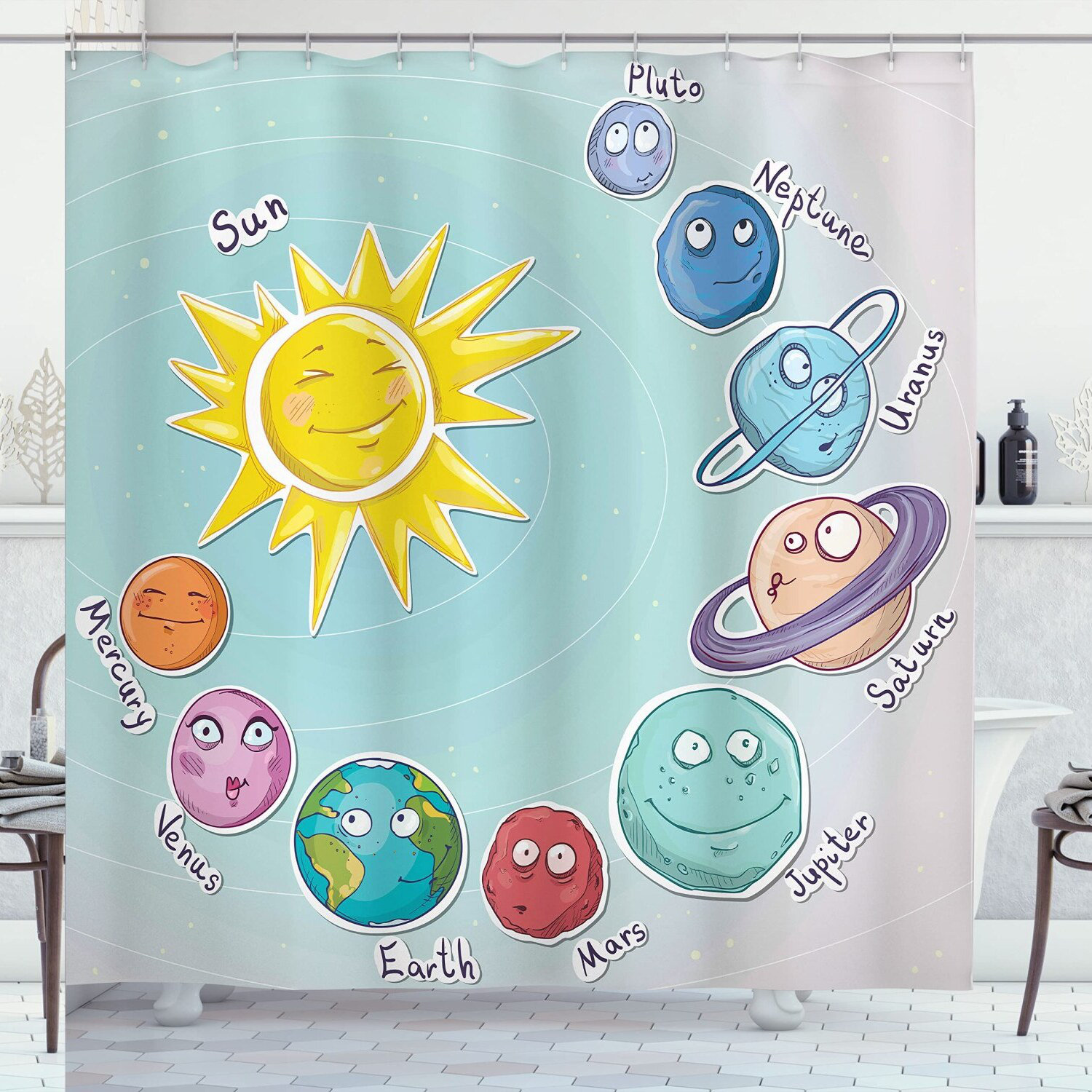 Hokku Designs Galactic Fun Space Shower Curtain - Cartoon Sun & Planets, Celestial Chart Theme ...