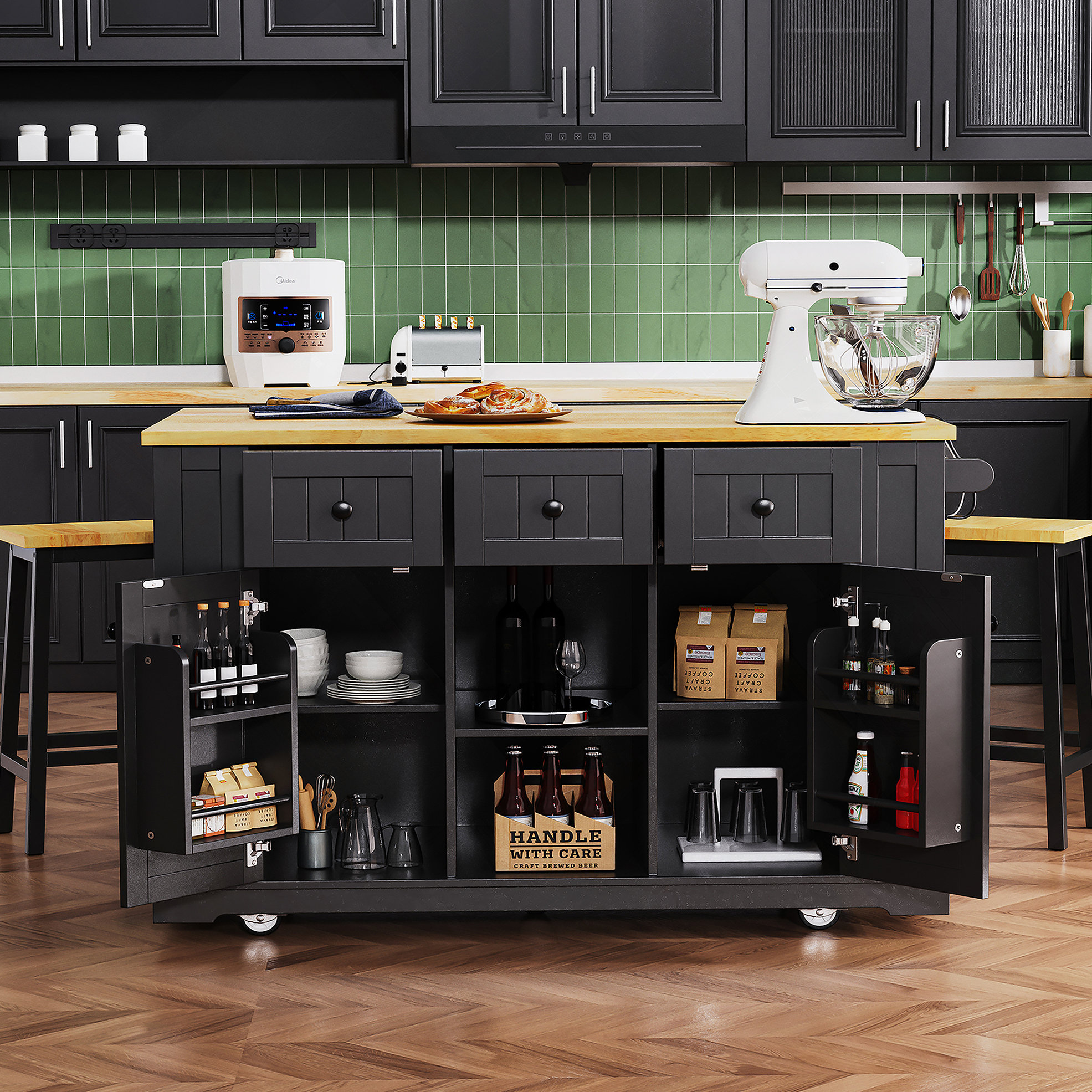 Lark Manor™ 53 Inch Large Kitchen Island with Drop Leaf, Power Outlets ...