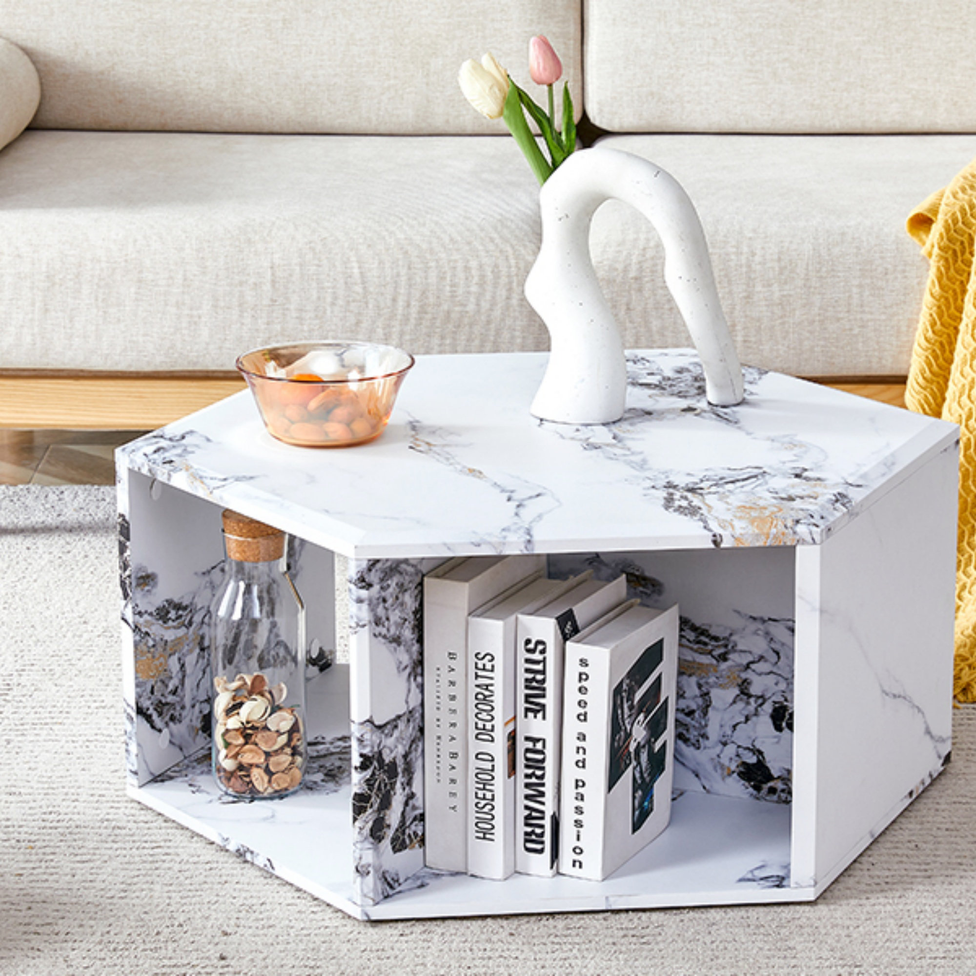 CHENGGUHENGXIN Hexagonal MDF Coffee Table, Characteristic Marble ...