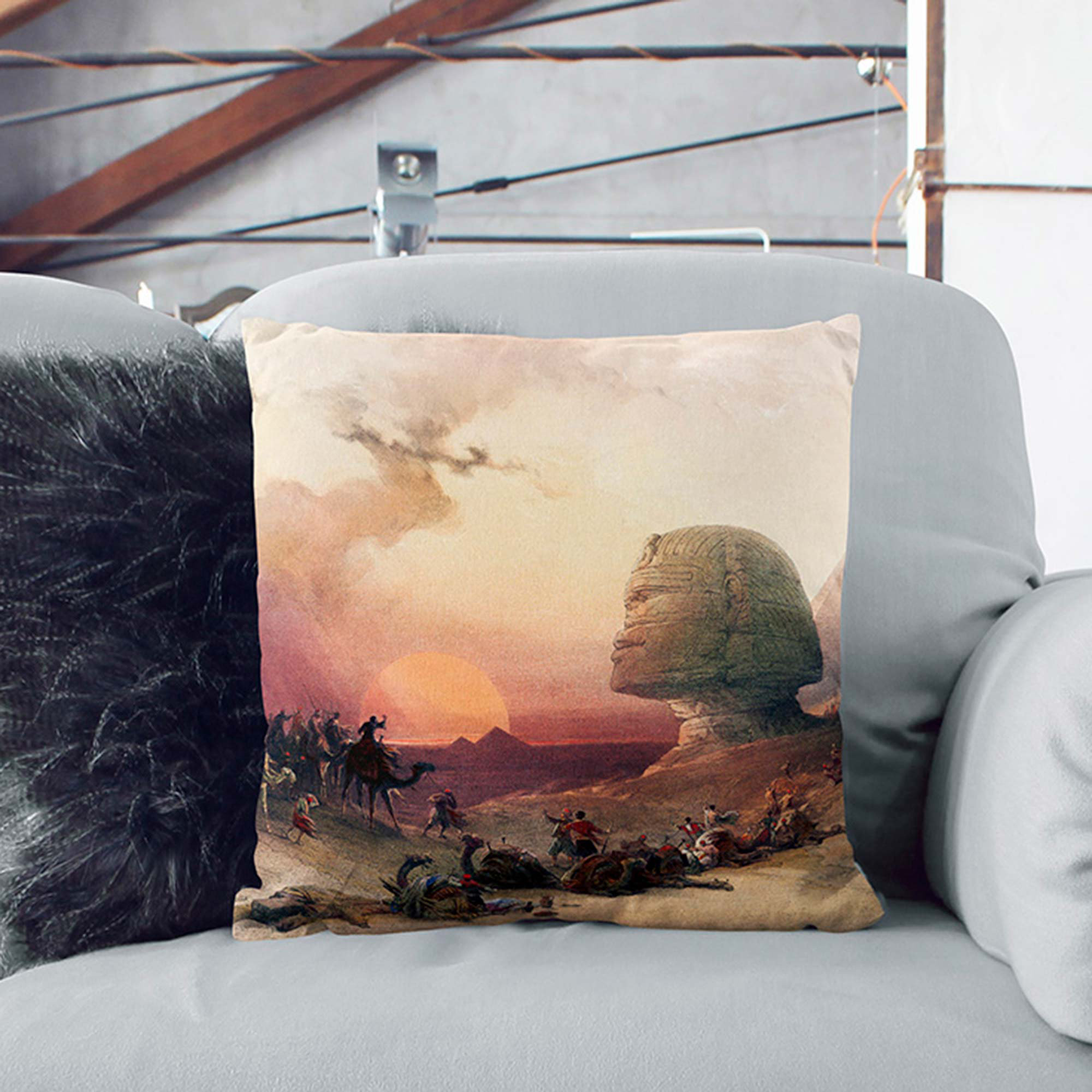 East Urban Home Sunset by the Great Sphinx Pyramids of Giza by David Roberts Cushion with ...