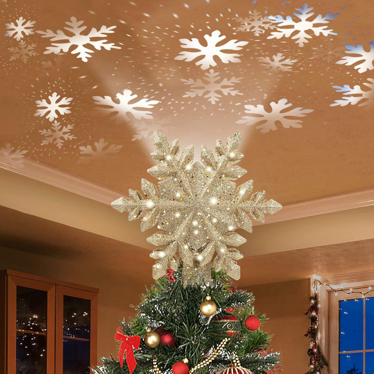 Tobran 3D Hollow Glitter Lighted Gold Snow Tree Topper for Christmas ...