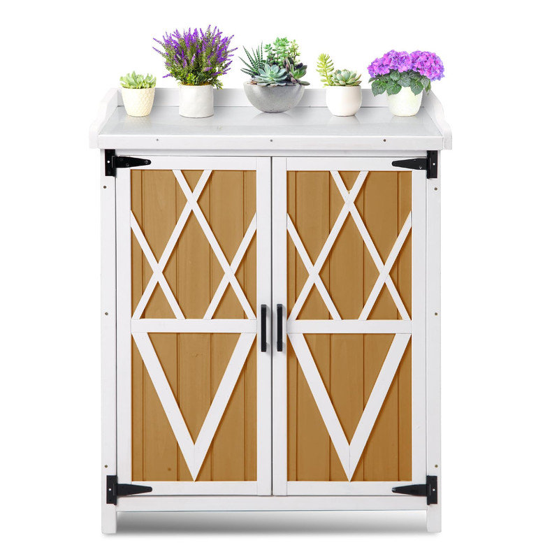 Gracie Oaks Potting Bench Outdoor Cabinet with Metal Tabletop, Wooden ...