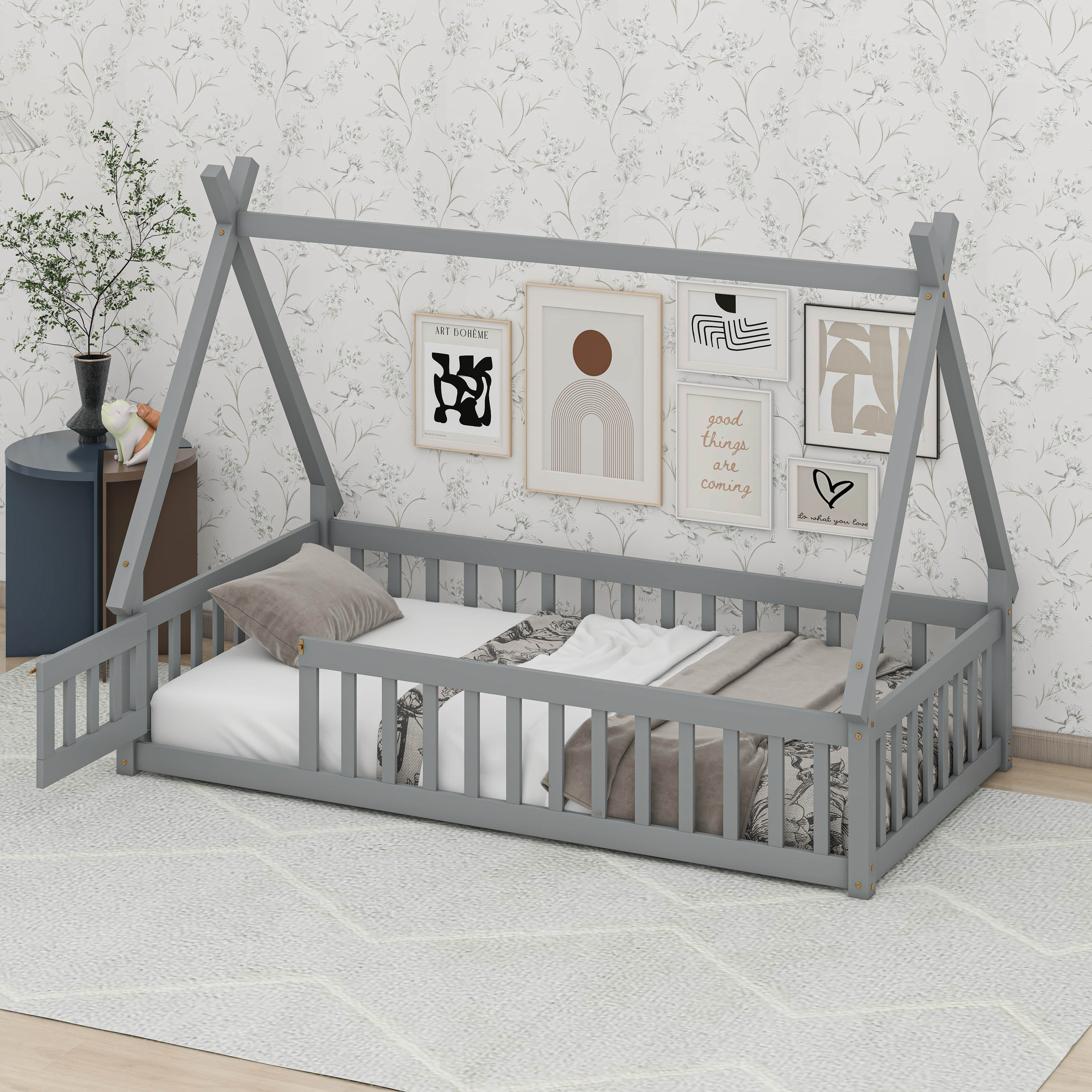 Cosmic Rubber Wood Tent-Shaped Floor Bed,With Guardrails,Slats And Door ...