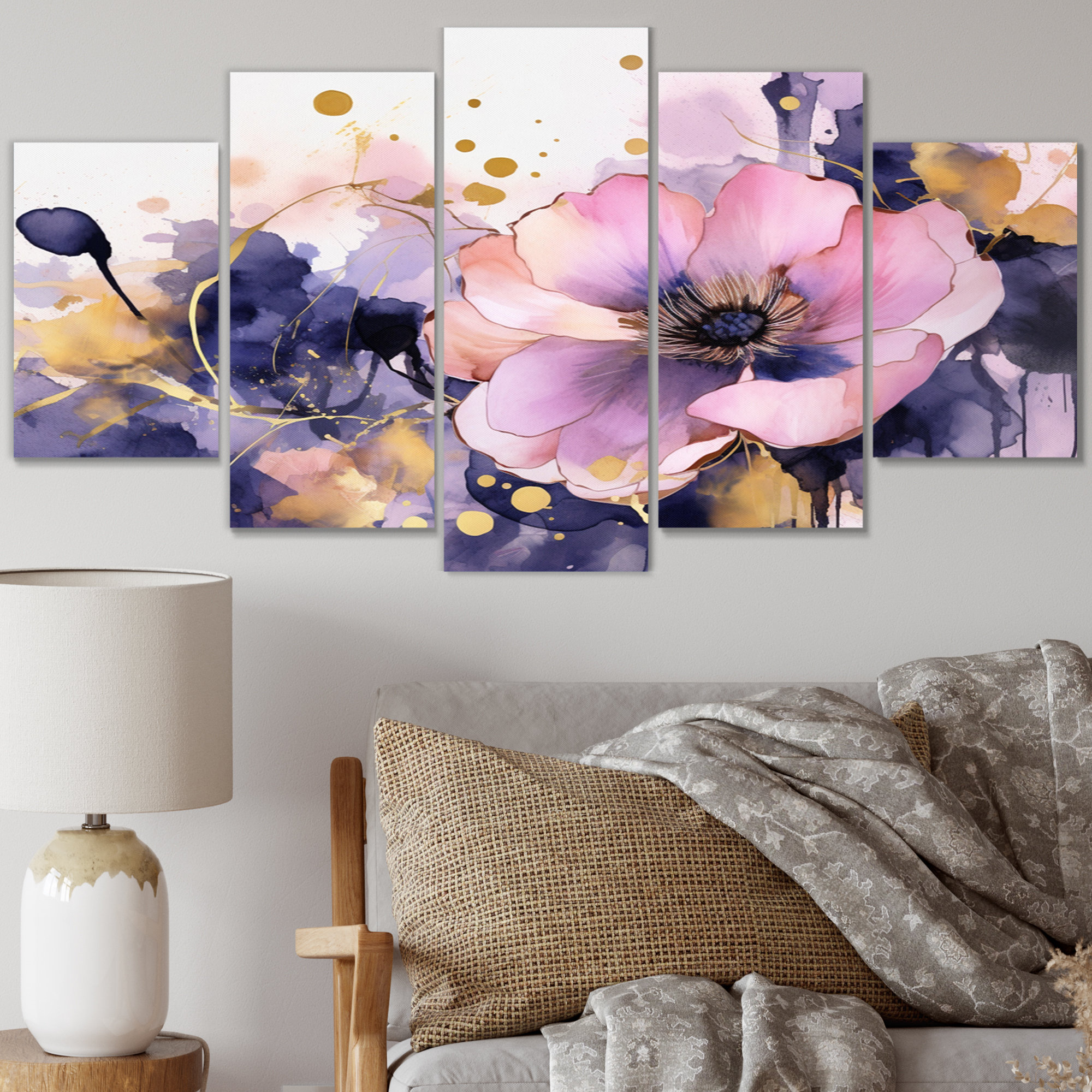 Design Art Pink And Purple Plants In Chaos - Floral Wall Decor - 5 ...