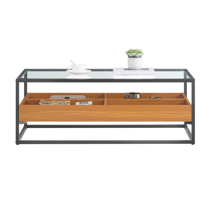 17 Stories Marialana 2 Tier Glass Top Coffee Table with Storage and ...