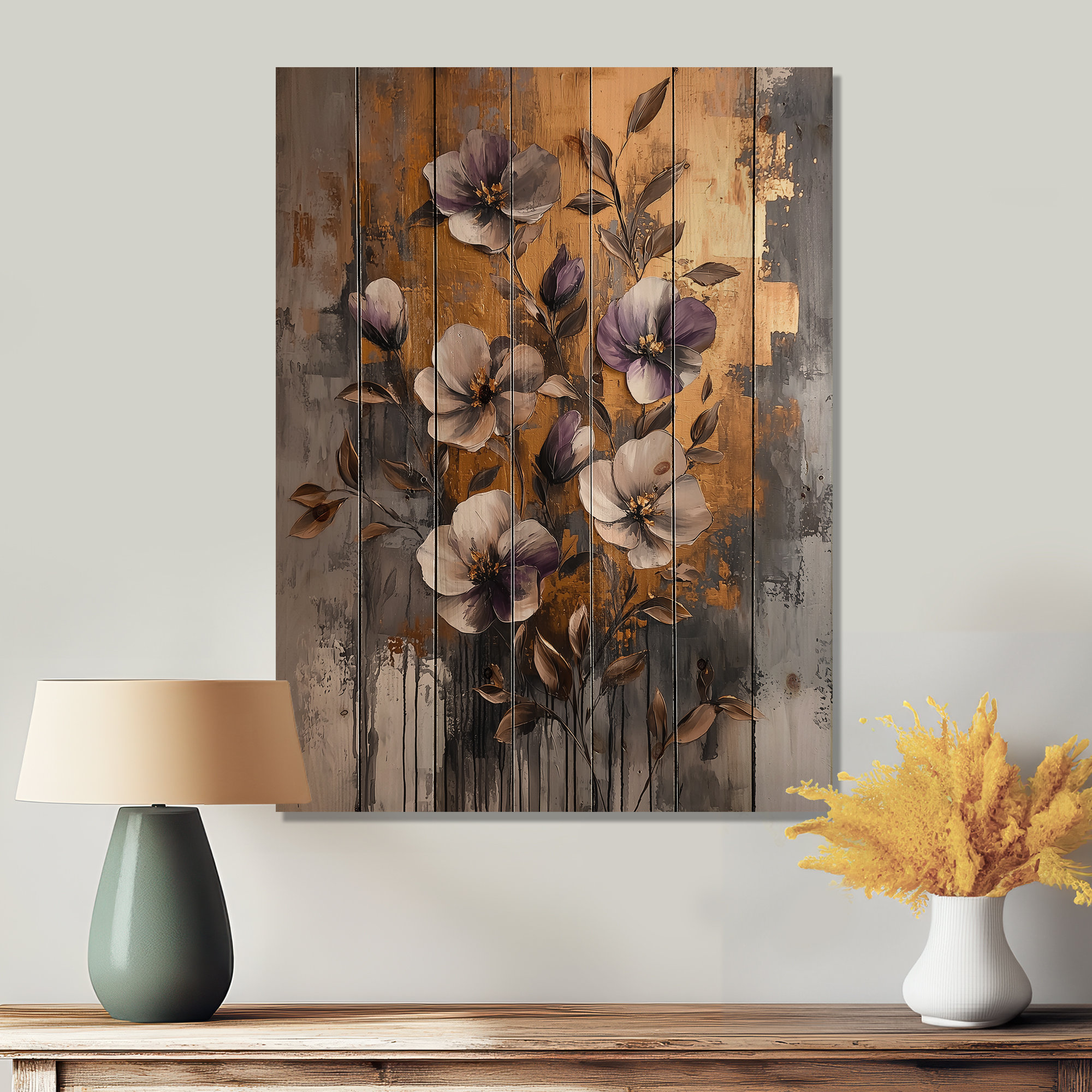 Ophelia & Co. Golden Pansies Copper Serenade II - Pansies Wood Wall Decor - On Natural Pine Wood ...