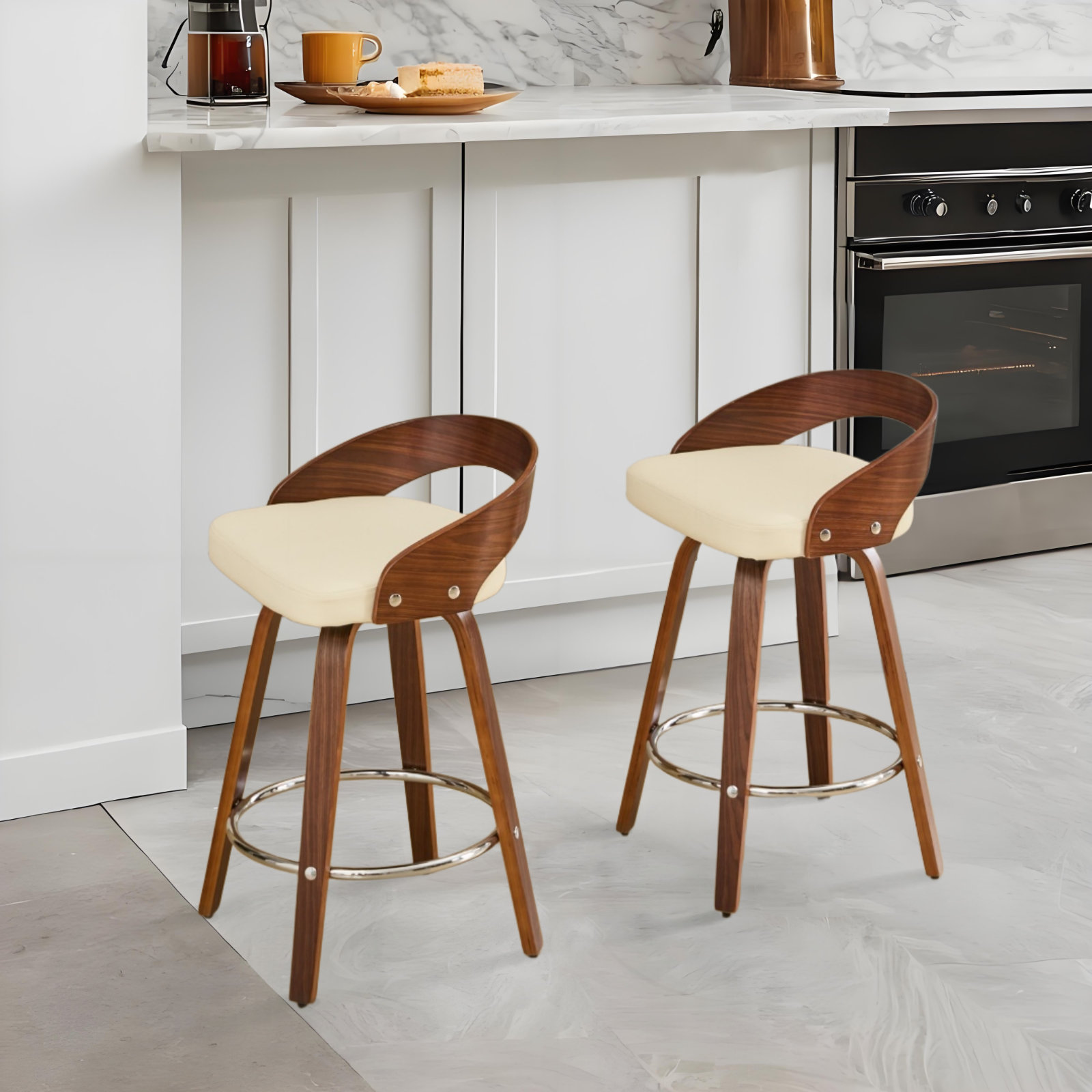 George Oliver 360° Swivel Pu Leather Wood Bar Stools With Low Back Set ...